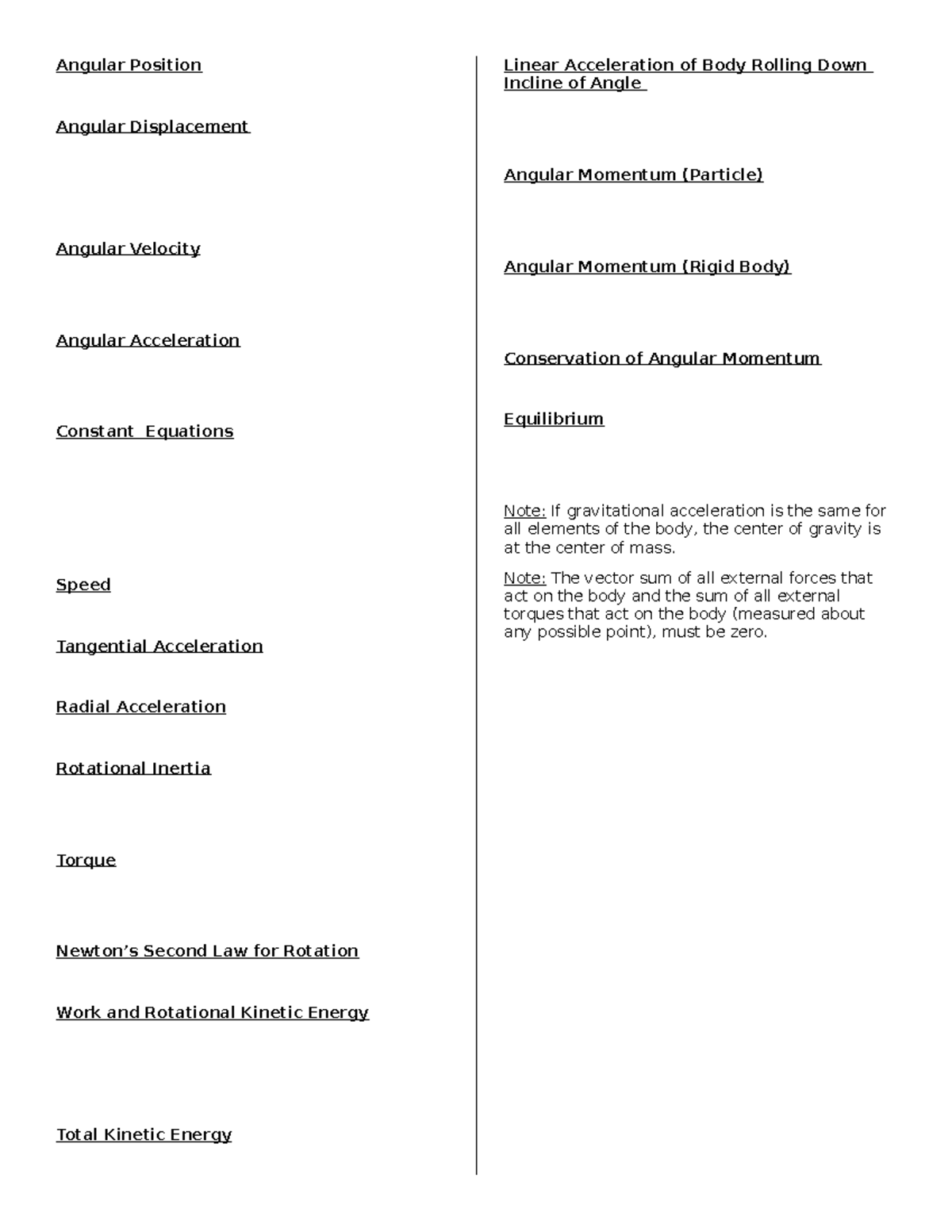 Physics 207 Test 4 Formula Sheet - Angular Position Angular ...