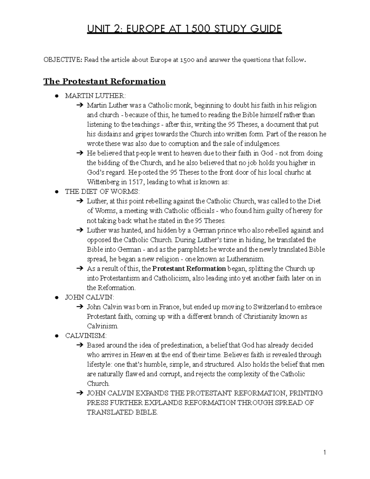 Europe at 1500 Study Guide - OBJECTIVE: Read the article about Europe ...