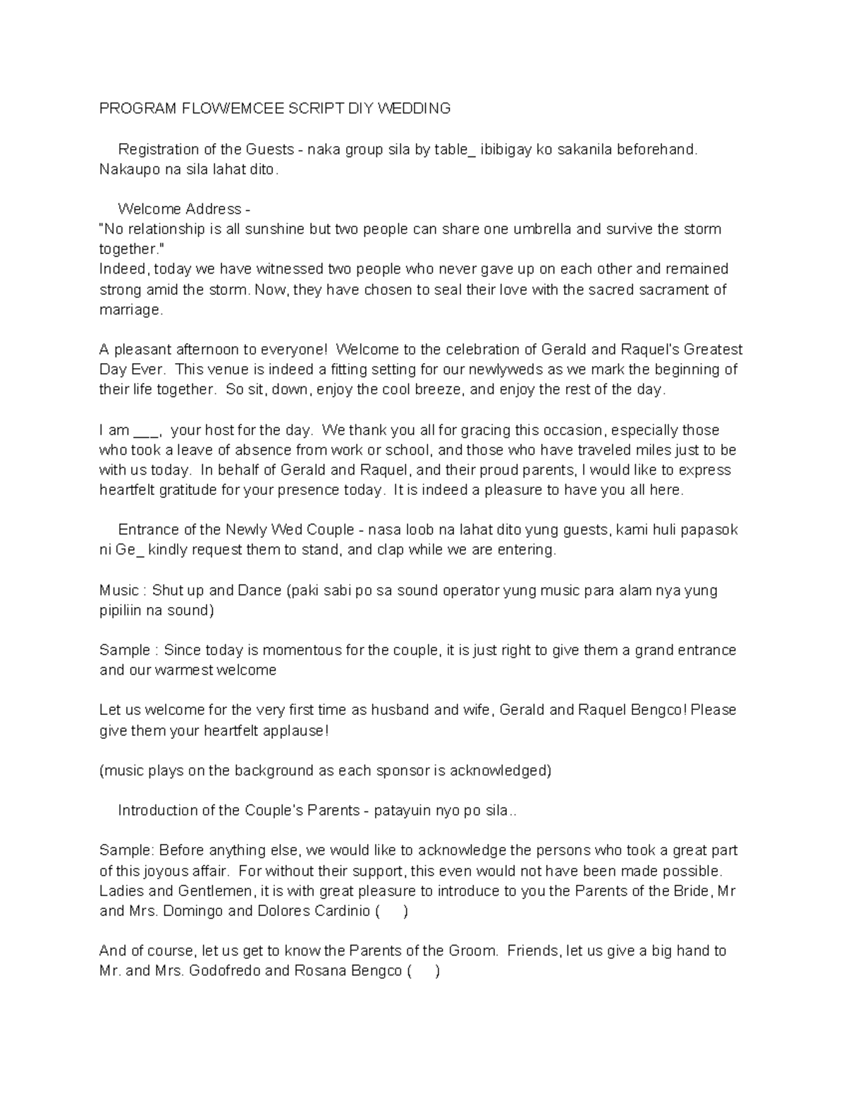 Reception Program Flow - PROGRAM FLOW/EMCEE SCRIPT DIY WEDDING 📌 ...