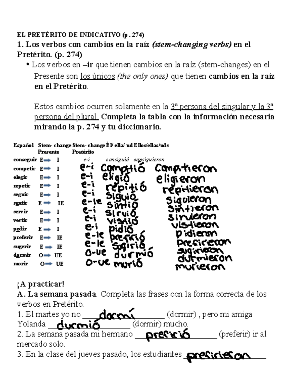 Preterito Stem Changing Tarea - EL PRETÉRITO DE INDICATIVO (p. 274) Los ...