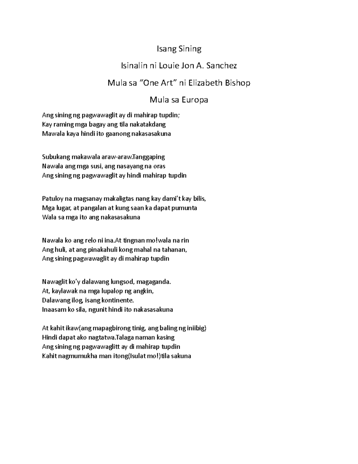Isang-Sining-TULA - asddadas - Isang Sining Isinalin ni Louie Jon A. Sanchez Mula sa “One Art ...