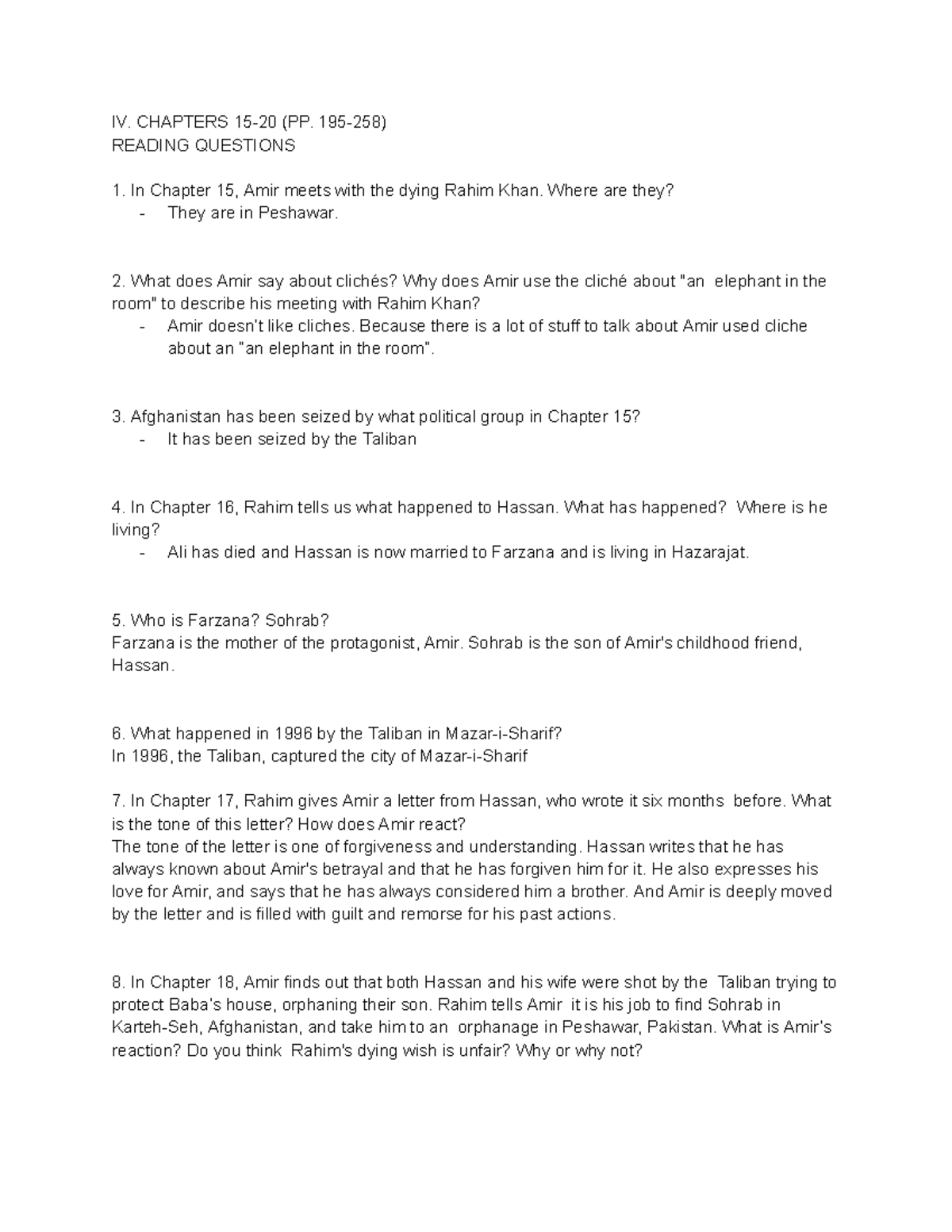 Chapter 15-20 The Kite Runner book questions and answers - IV. CHAPTERS ...
