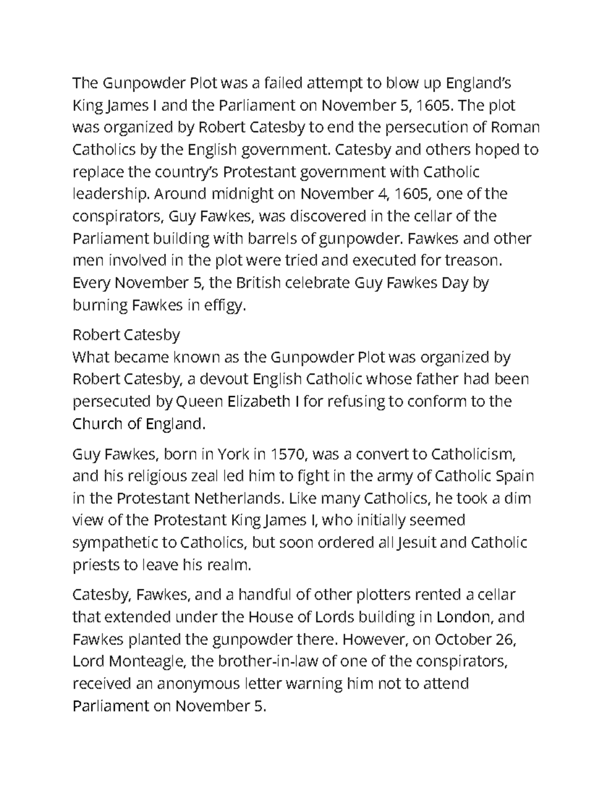 Gunpowder Plot Notes - The Gunpowder Plot was a failed attempt to blow ...