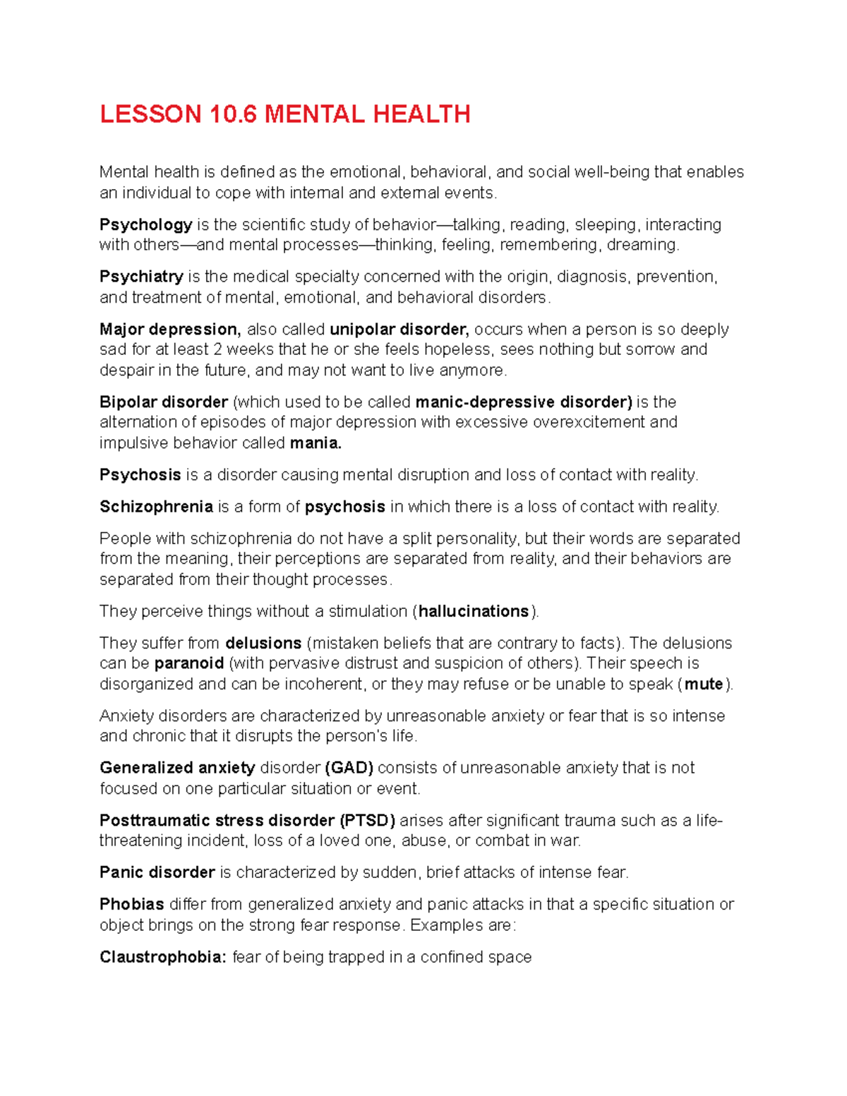 Lesson 10.6 Mental Health - LESSON 10 MENTAL HEALTH Mental health is ...