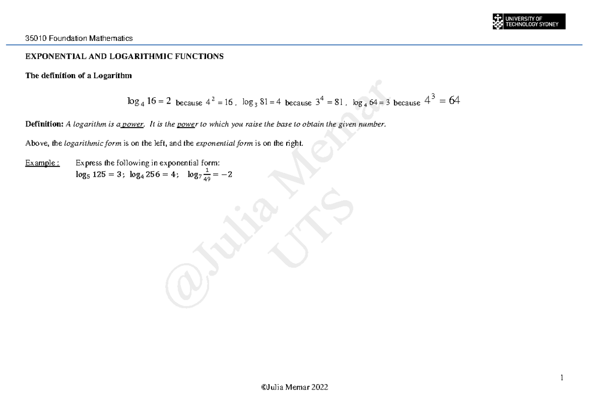 Logs And Exponents s22 - 1 EXPONENTIAL AND LOGARITHMIC FUNCTIONS The ...