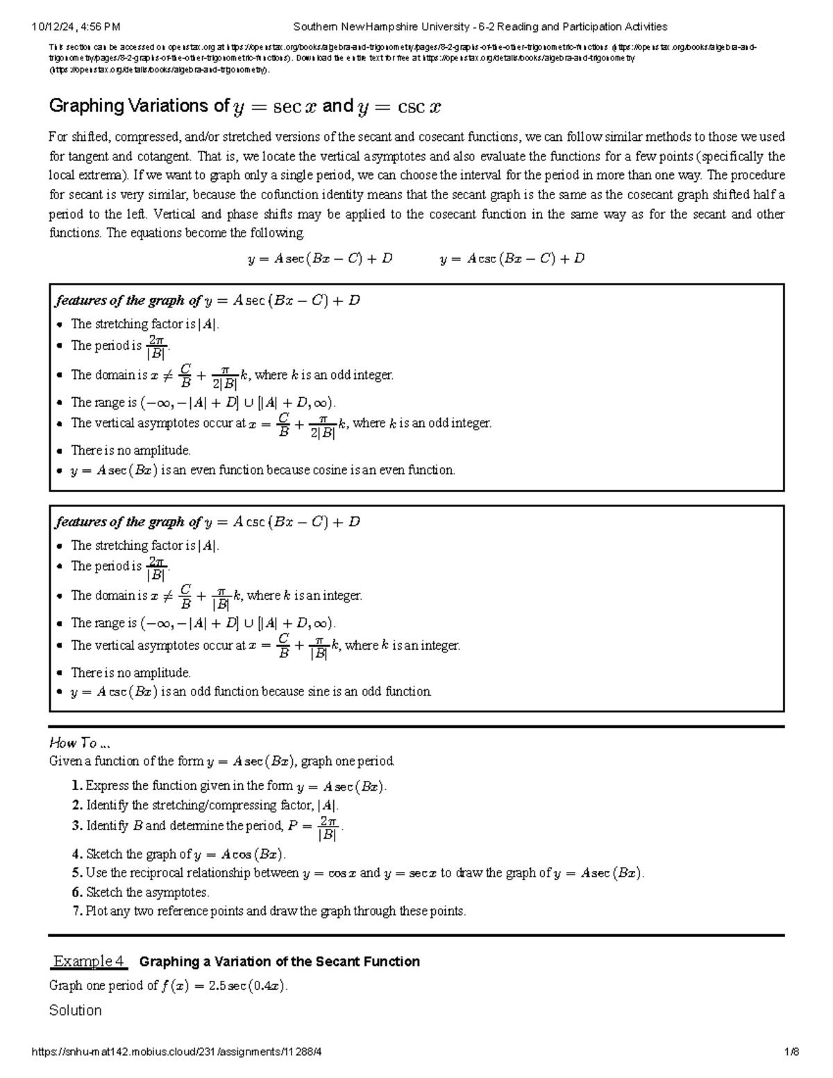 Southern New Hampshire University - 6-4 Graphing Variations of y=sec x ...