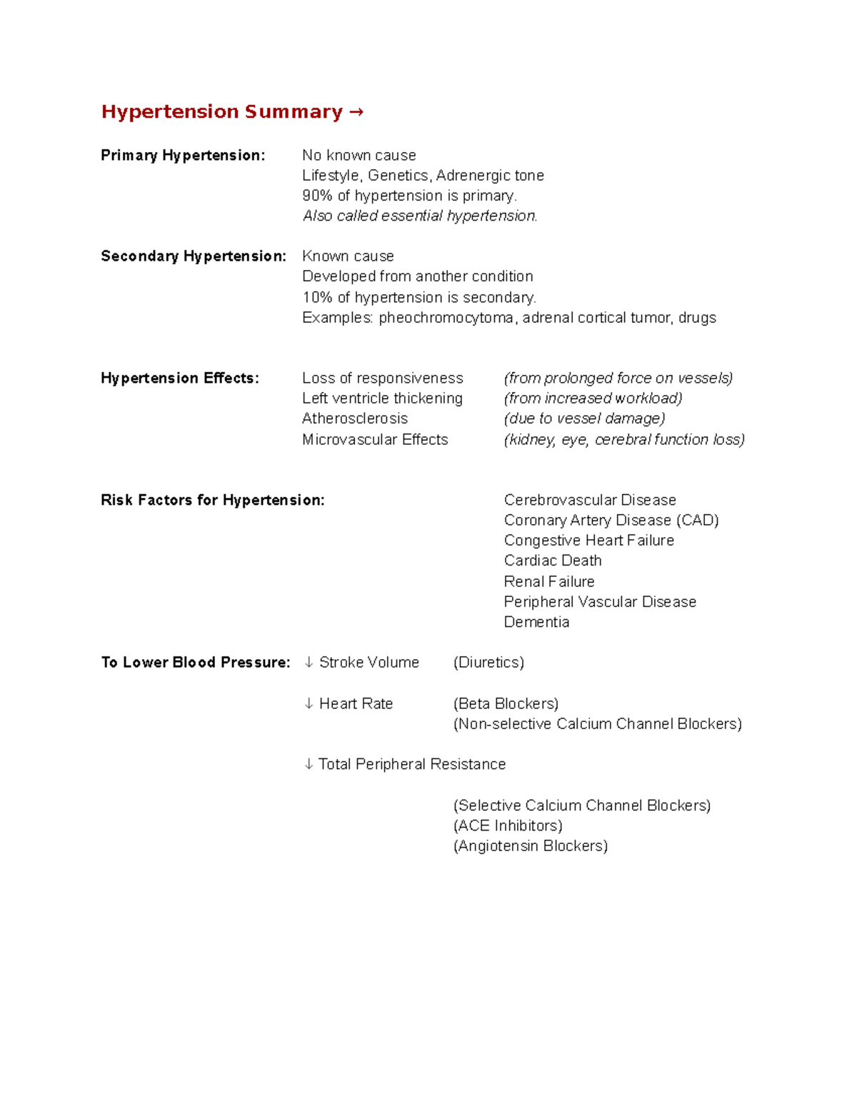 Hypertension Summary - Also called essential hypertension. Secondary ...