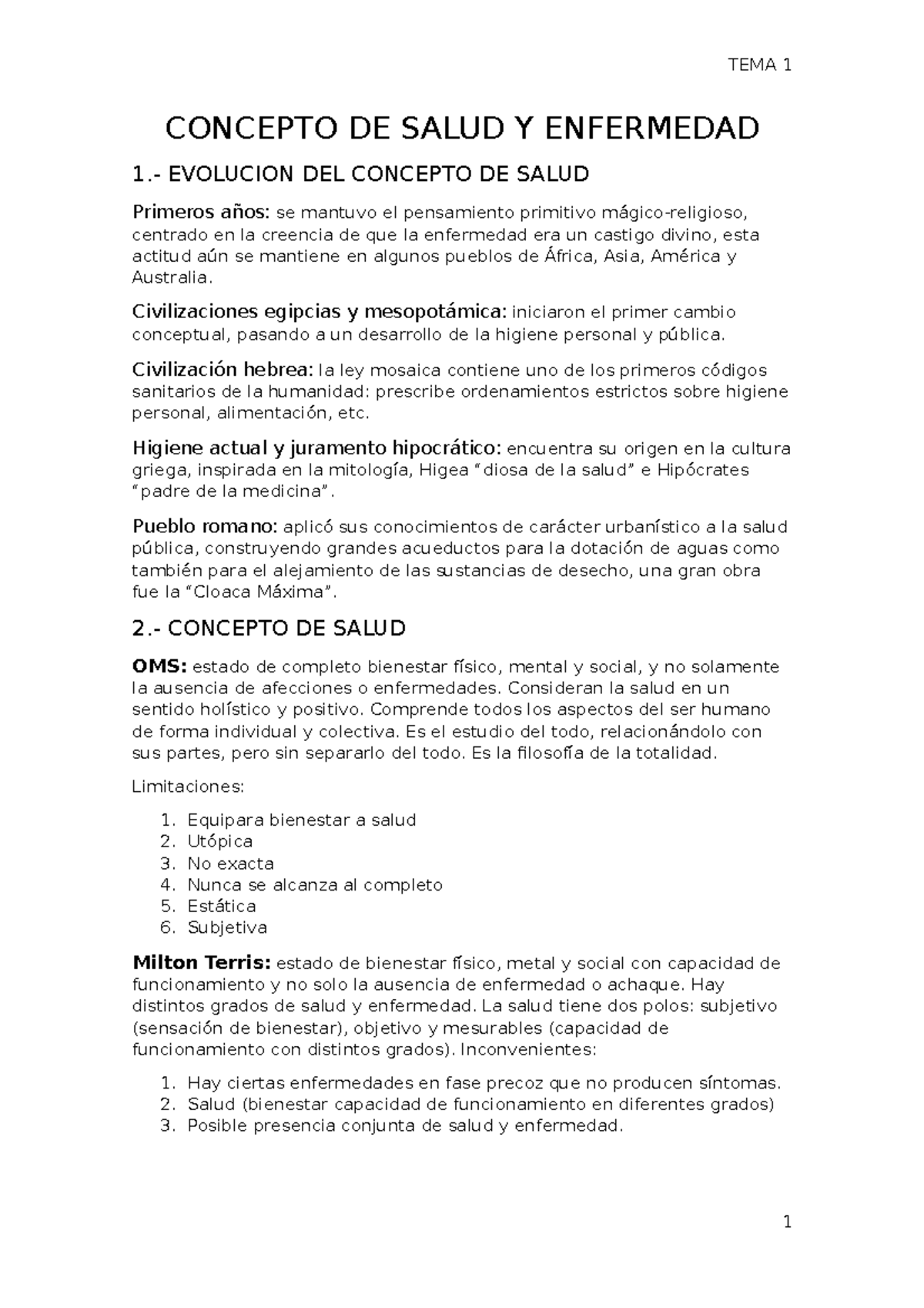 TEMA 1 - Concepto DE Salud Y Enfermedad - TEMA 1 CONCEPTO DE SALUD Y ENFERMEDAD 1.- EVOLUCION ...