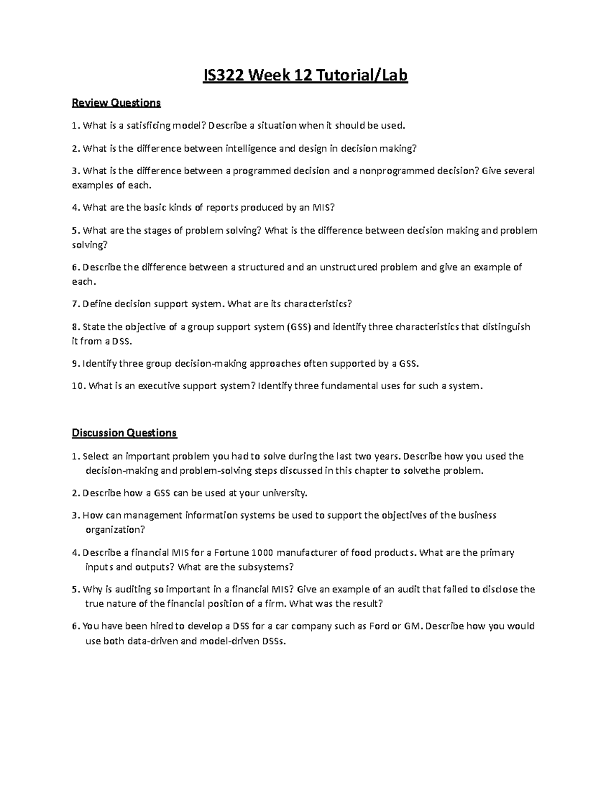 IS322 Week 12 Tutorial and Lab - IS322 Week 12 Tutorial/Lab Review Questions 1. What is a - Studocu