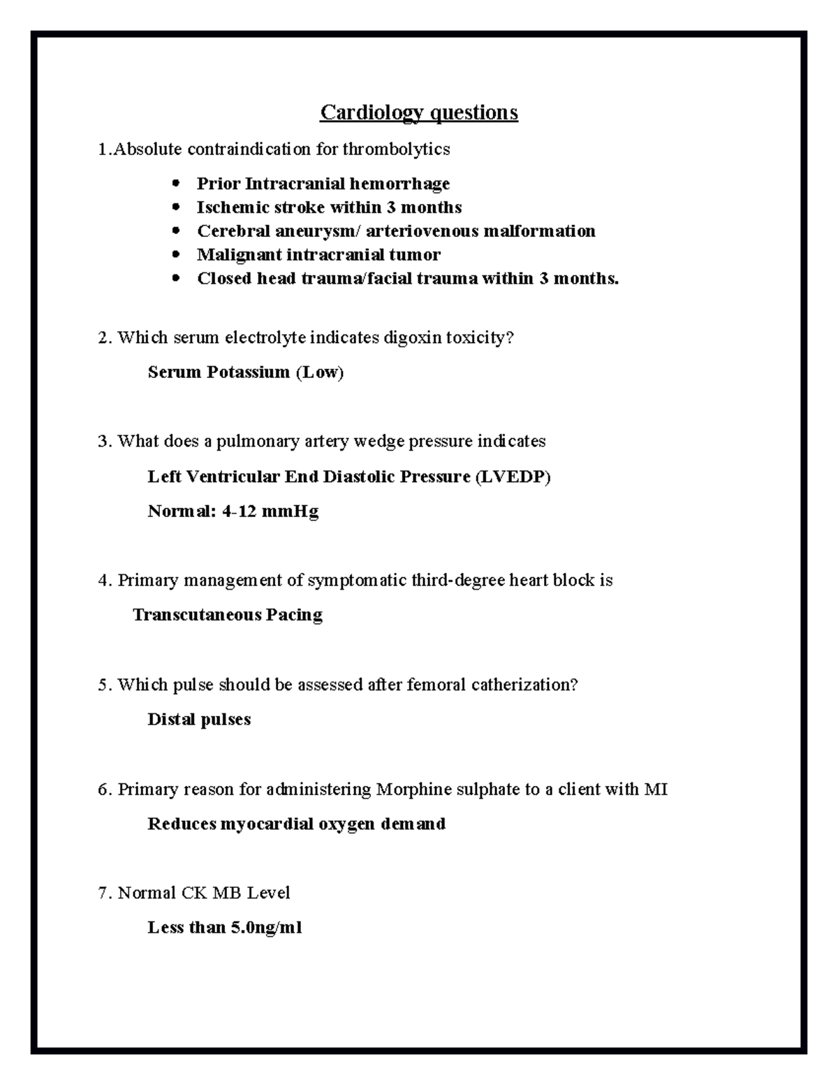 Cardiology questions - Gr8 - Cardiology questions 1 contraindication ...