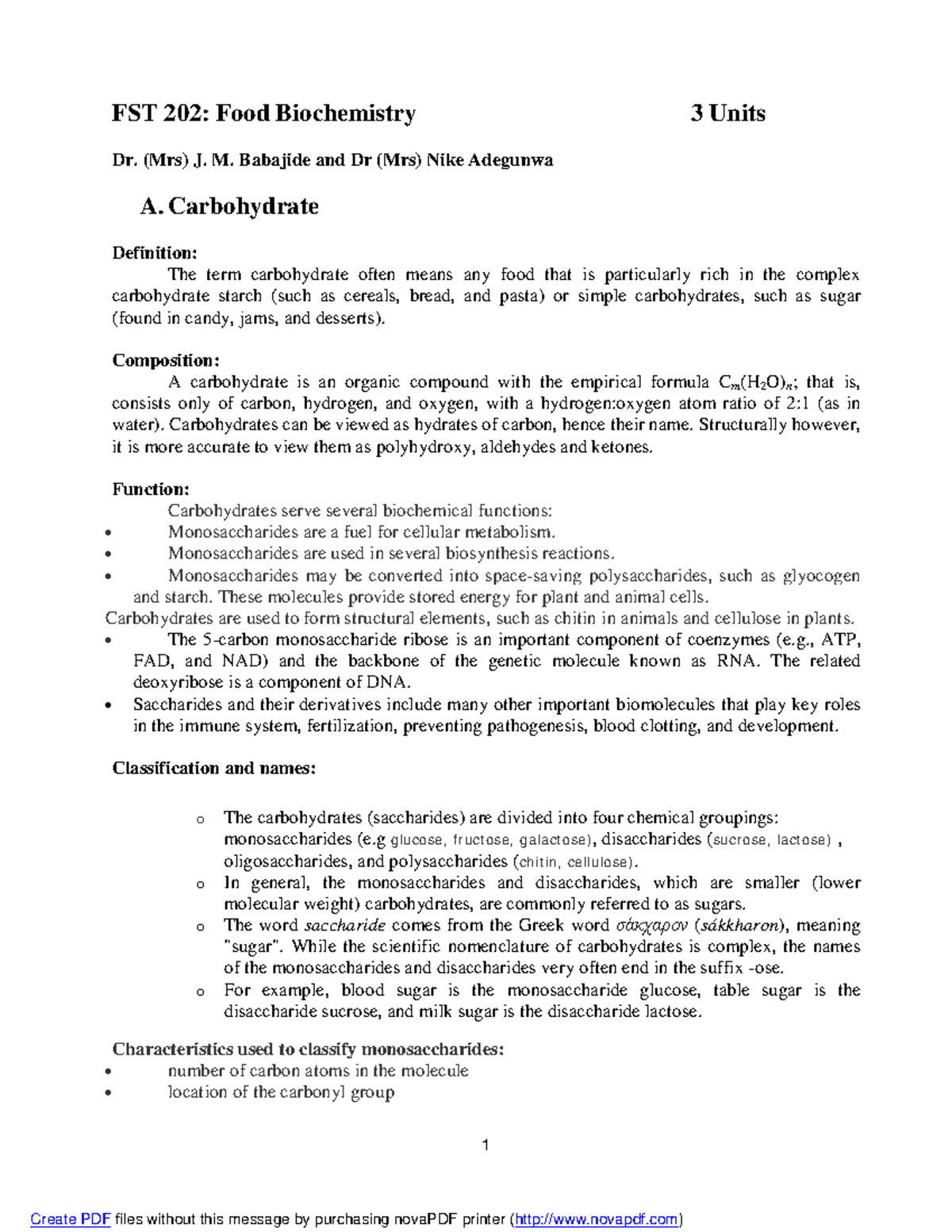 Food biochemistry FST 211 Lecture note- Funaab - ####### 1 FST 202: Food Biochemistry 3 Units Dr ...