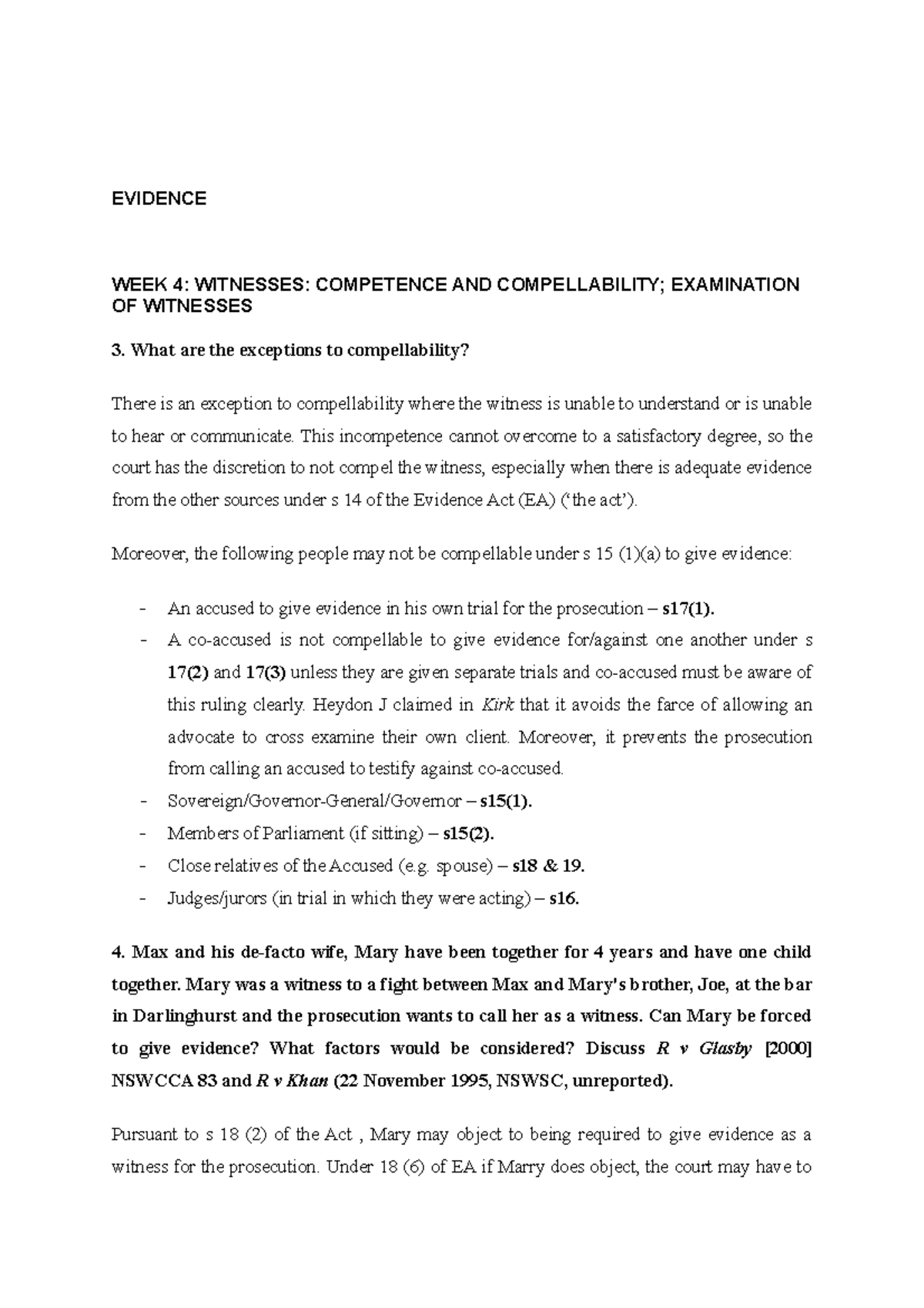 WEEK 4: WITNESSES: COMPETENCE AND COMPELLABILITY - This incompetence ...