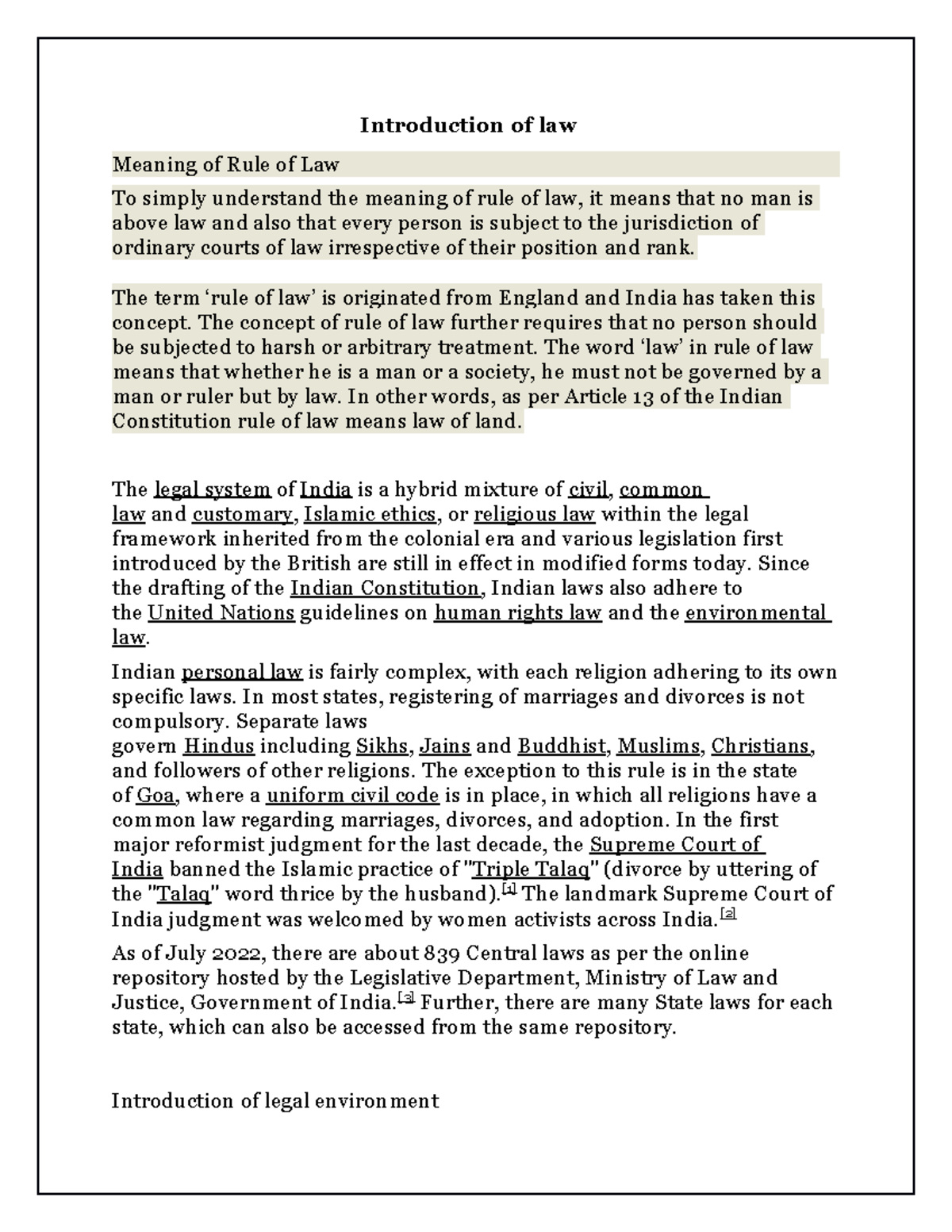 Introduction to law - ........ - Introduction of law Meaning of Rule of ...