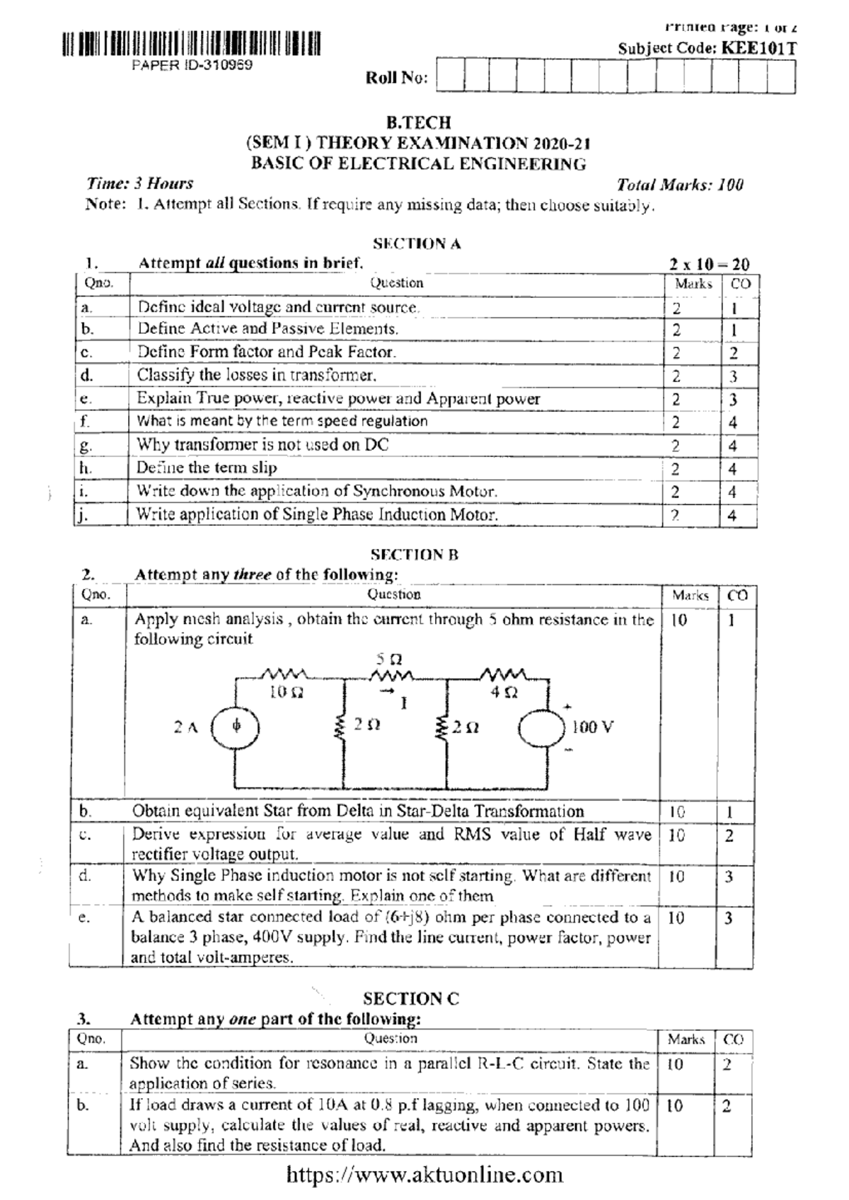 Btech 1 sem basic of electrical engineering kee101t 2021 - rrintea rage: or Z UE NUE AAU TE ...