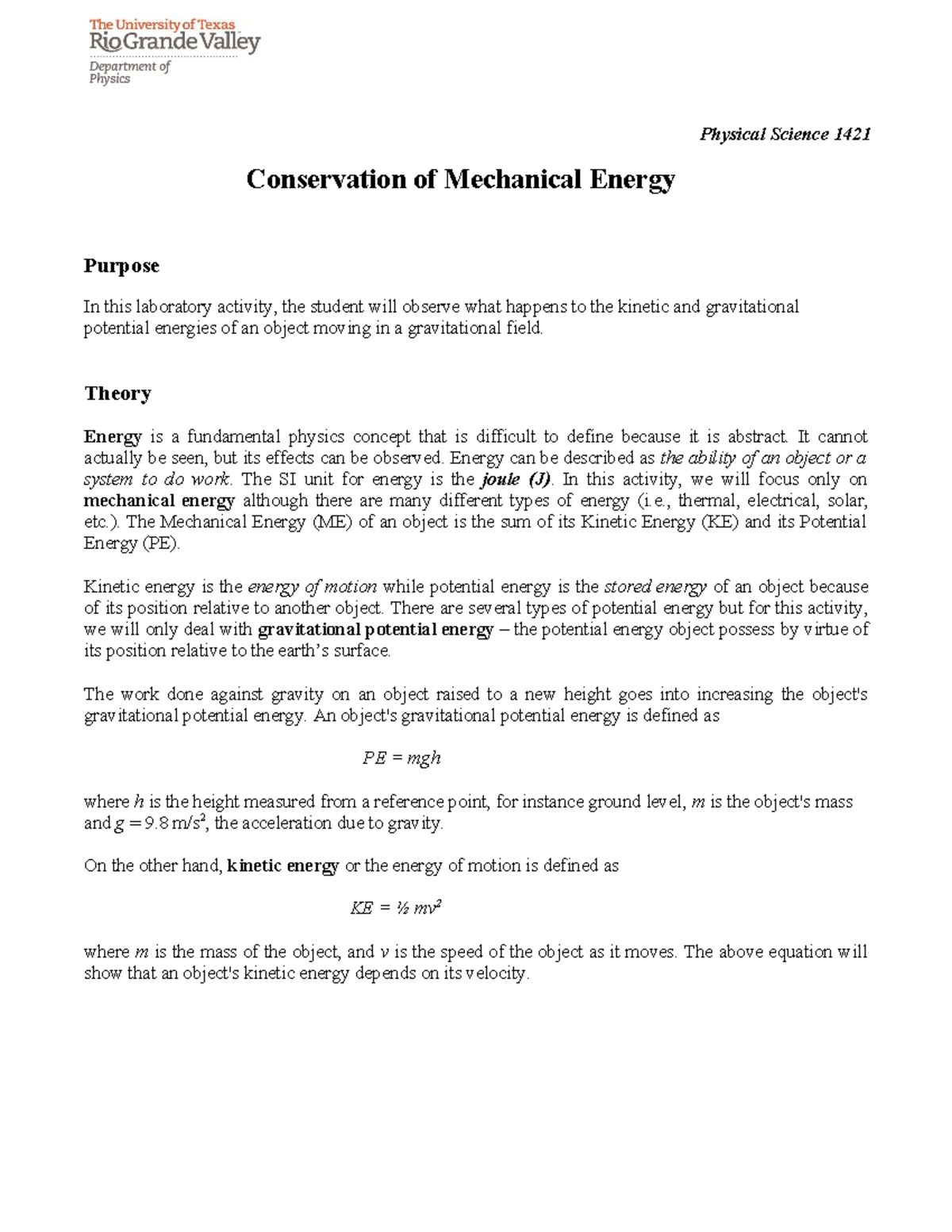 Lab4 - Education systems. - Physical Science 1421 Conservation of ...