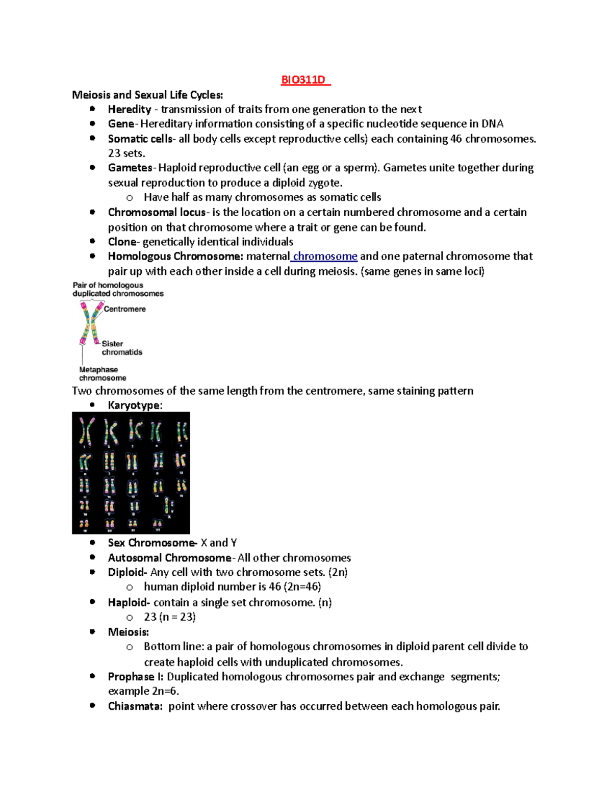 Lecture notes, lecture exam 1 - BIO311D Meiosis and Sexual Life Cycles ...