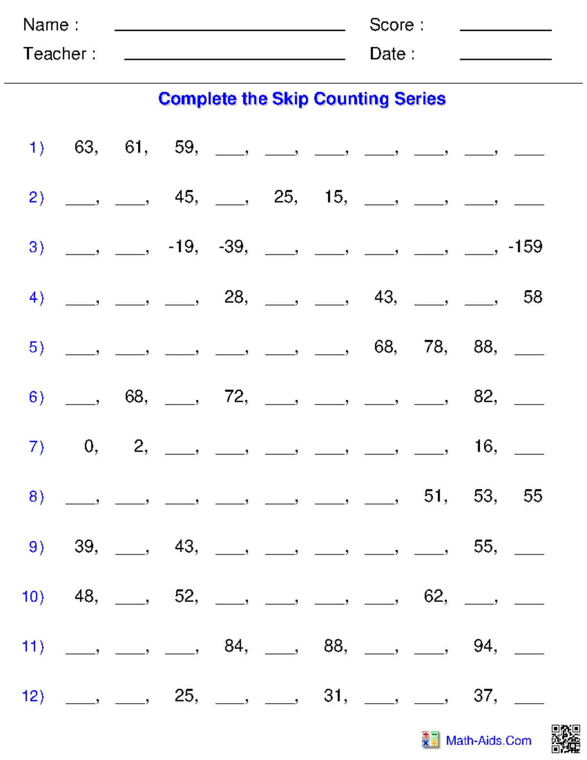 Skip counting advanced - Name : Teacher : Date : Score : Math-Aids ...