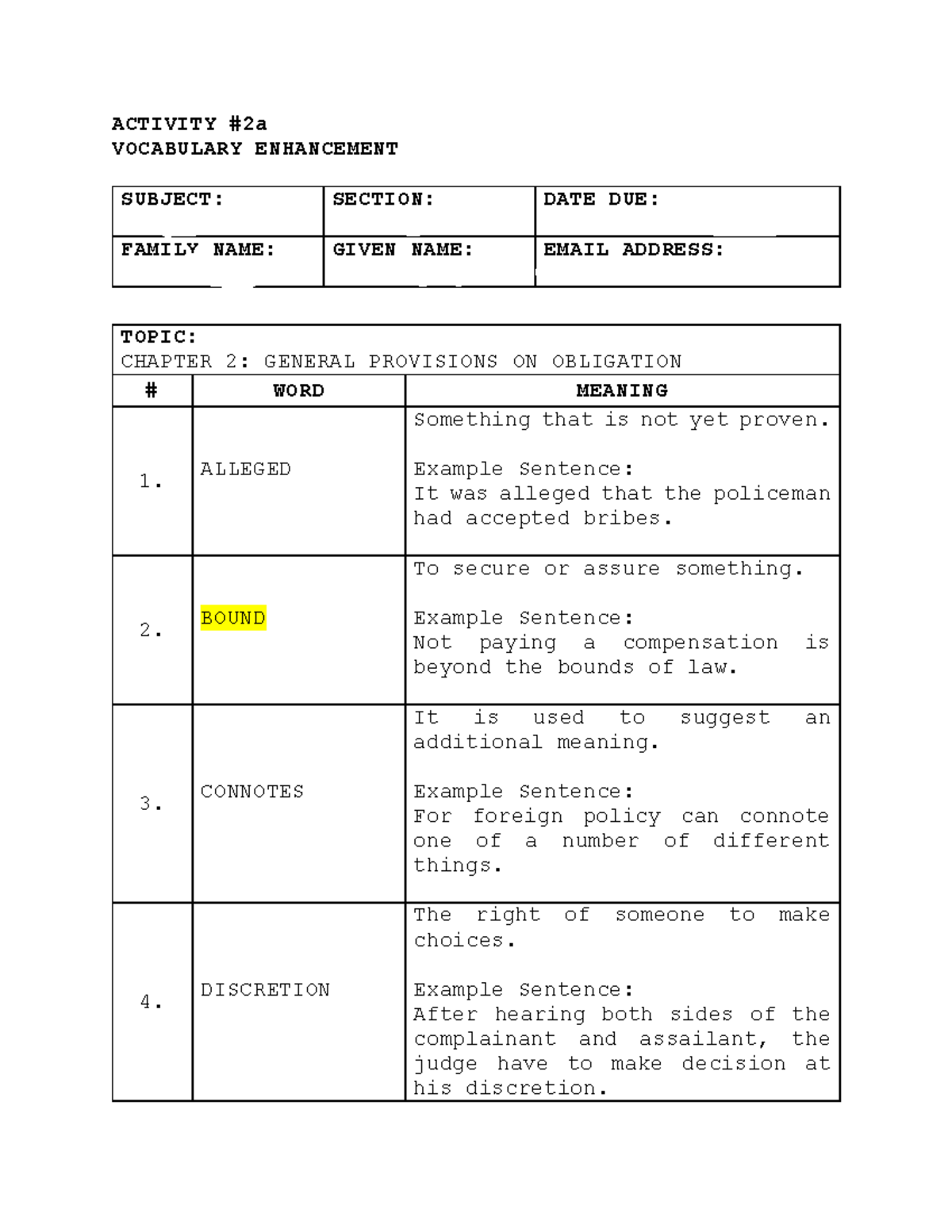 Activity 2a - For References and Self-Study - ACTIVITY #2a VOCABULARY ...
