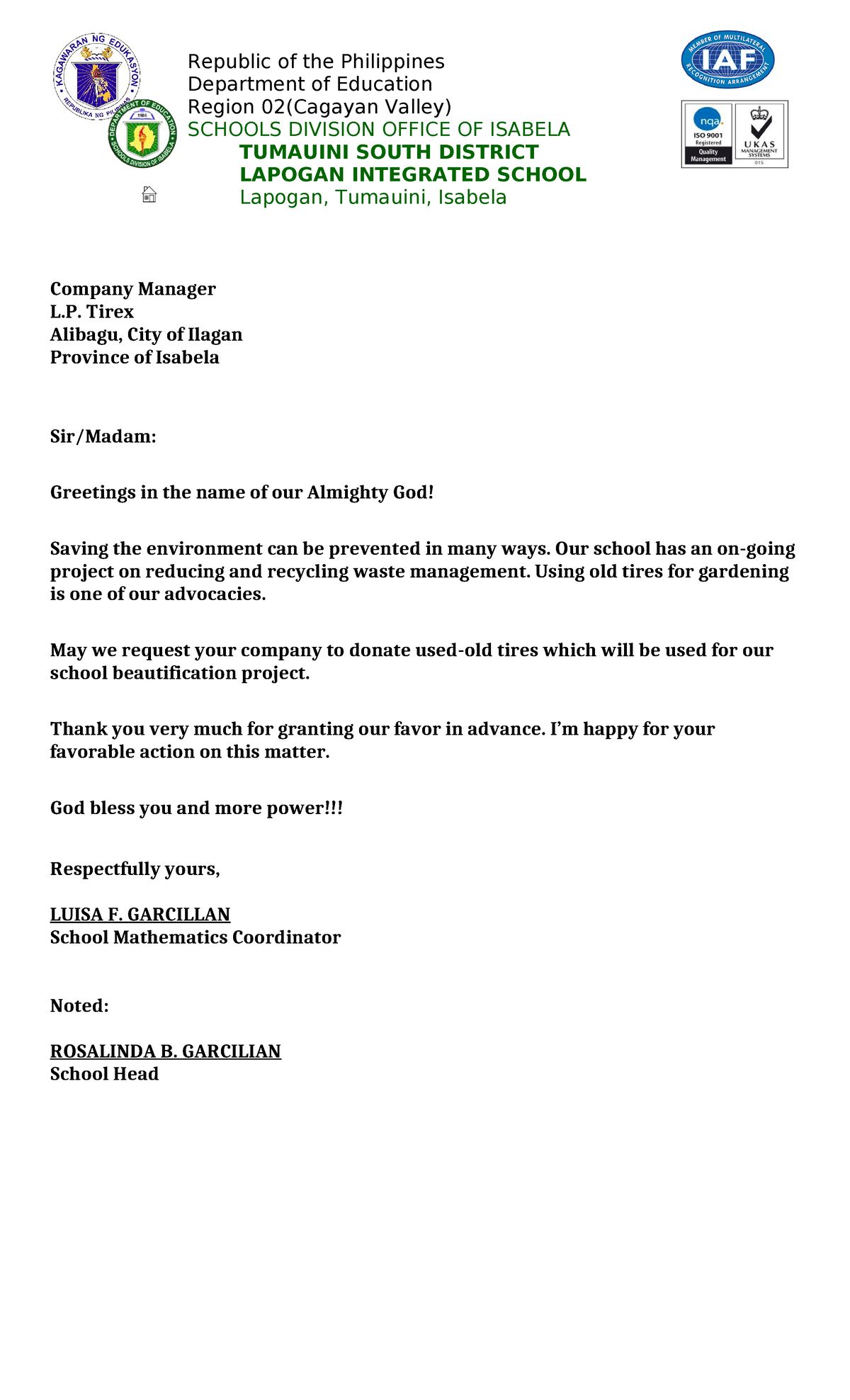 SOLICITATION LETTER - Republic of the Philippines Department of ...