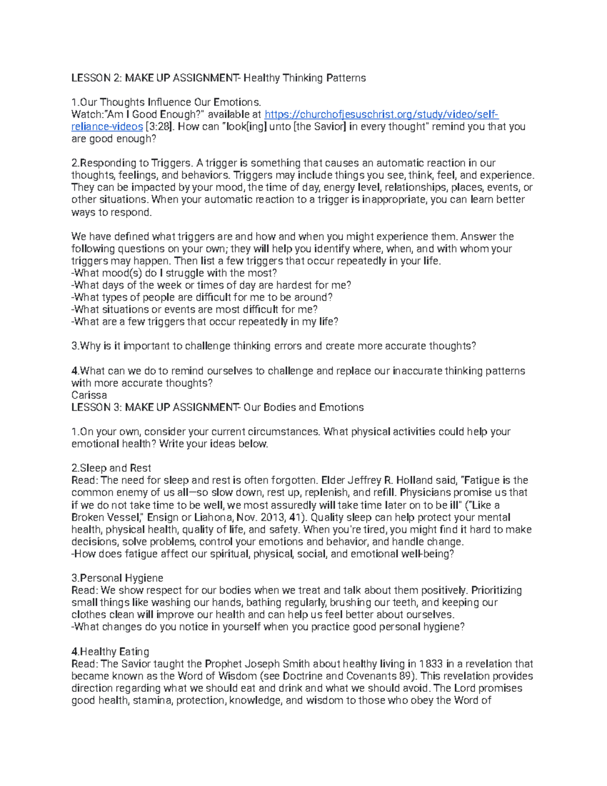 Lesson 2 - yes - LESSON 2: MAKE UP ASSIGNMENT- Healthy Thinking ...