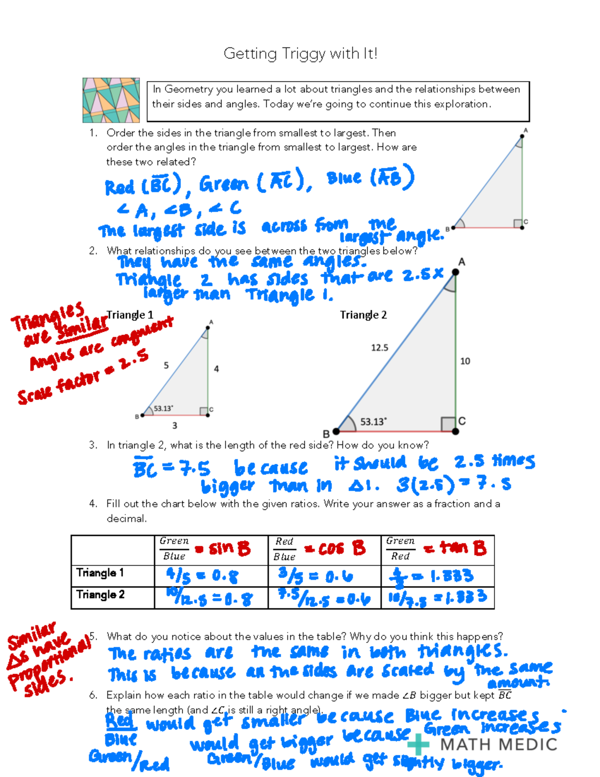 Right Triangle Trig KEY - Getting Triggy with It! 1. Order the sides in ...