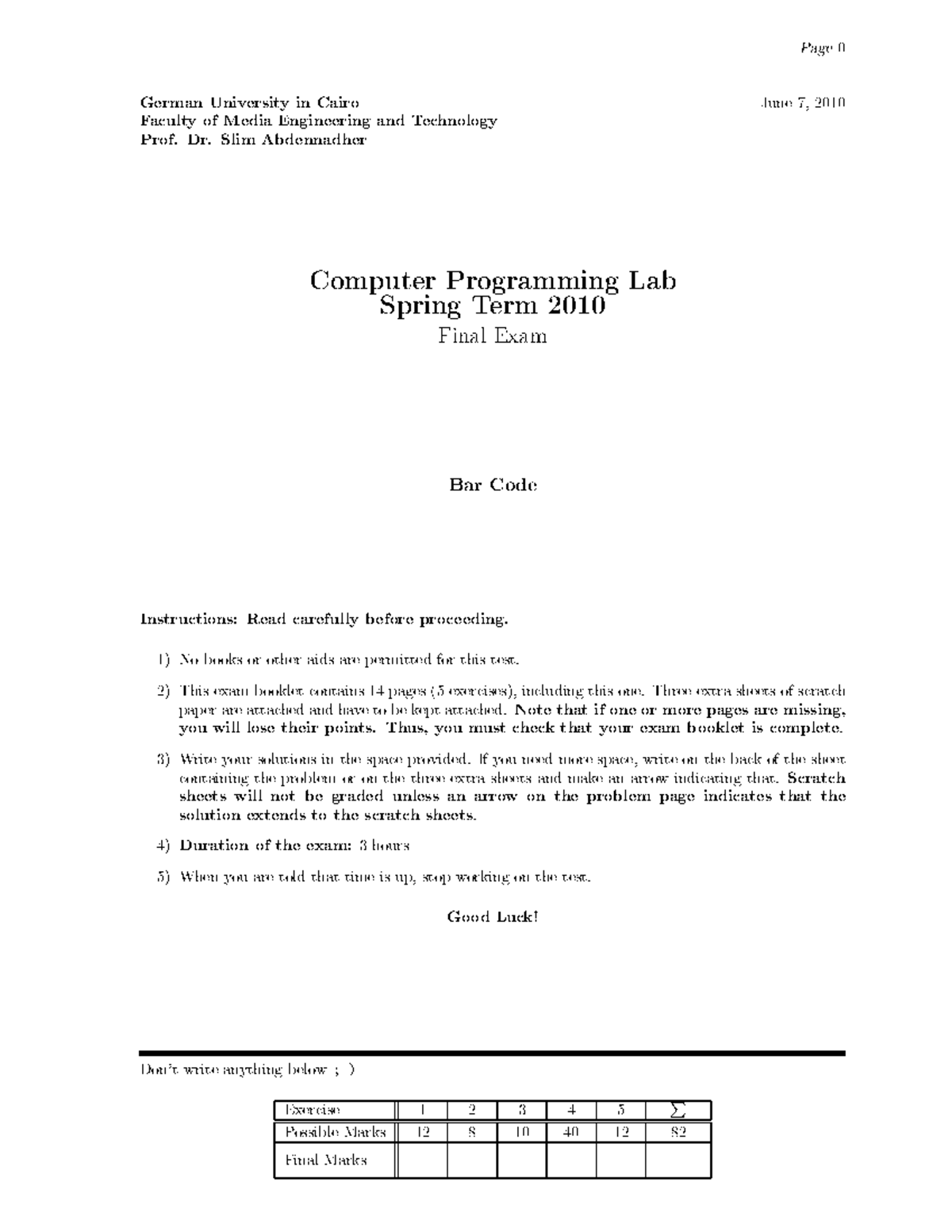 Exam-CSEN401-SS10 - Lecture notes 3 - Page German University in Cairo 0 ...
