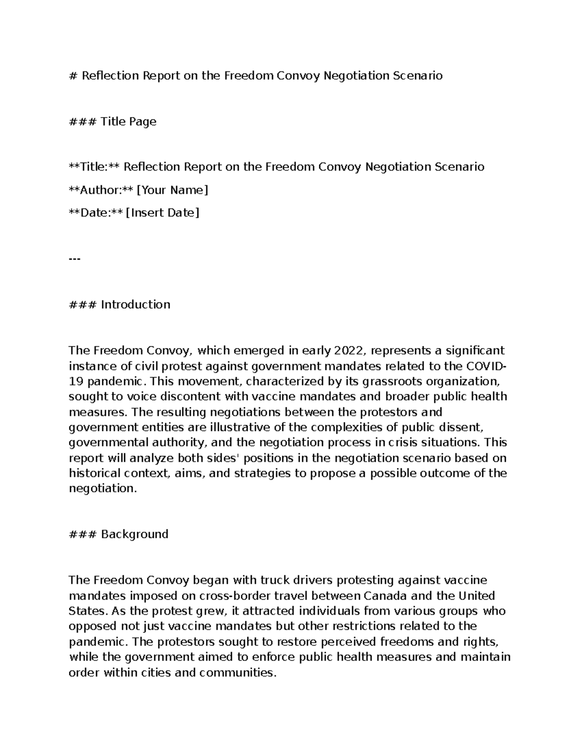 Negotiation Reflection Report- MGMT 3070 - Reflection Report on the ...
