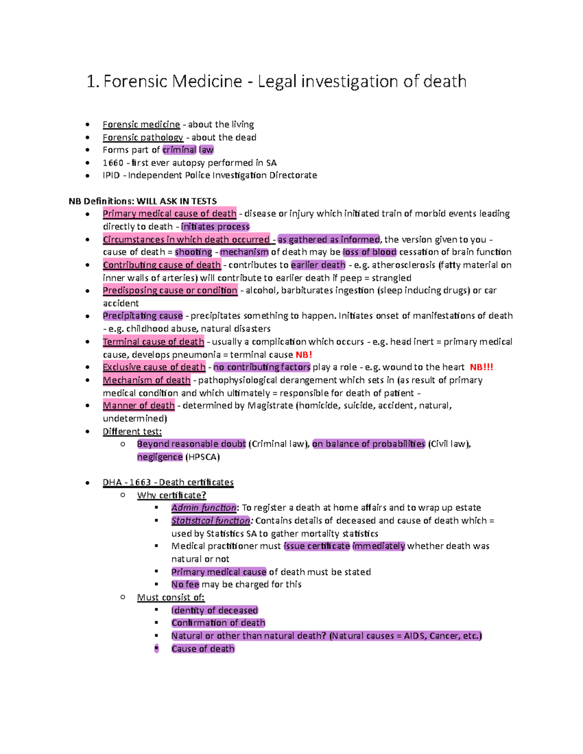 Forensic Medicine notes Week 1-4 - 1. Forensic Medicine - Legal ...