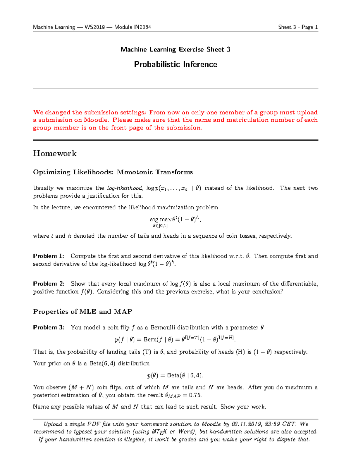 Exercise 03 prob inference - Machine Learning — WS2019 — Module IN2064 Sheet 3·Page 1 Machine ...
