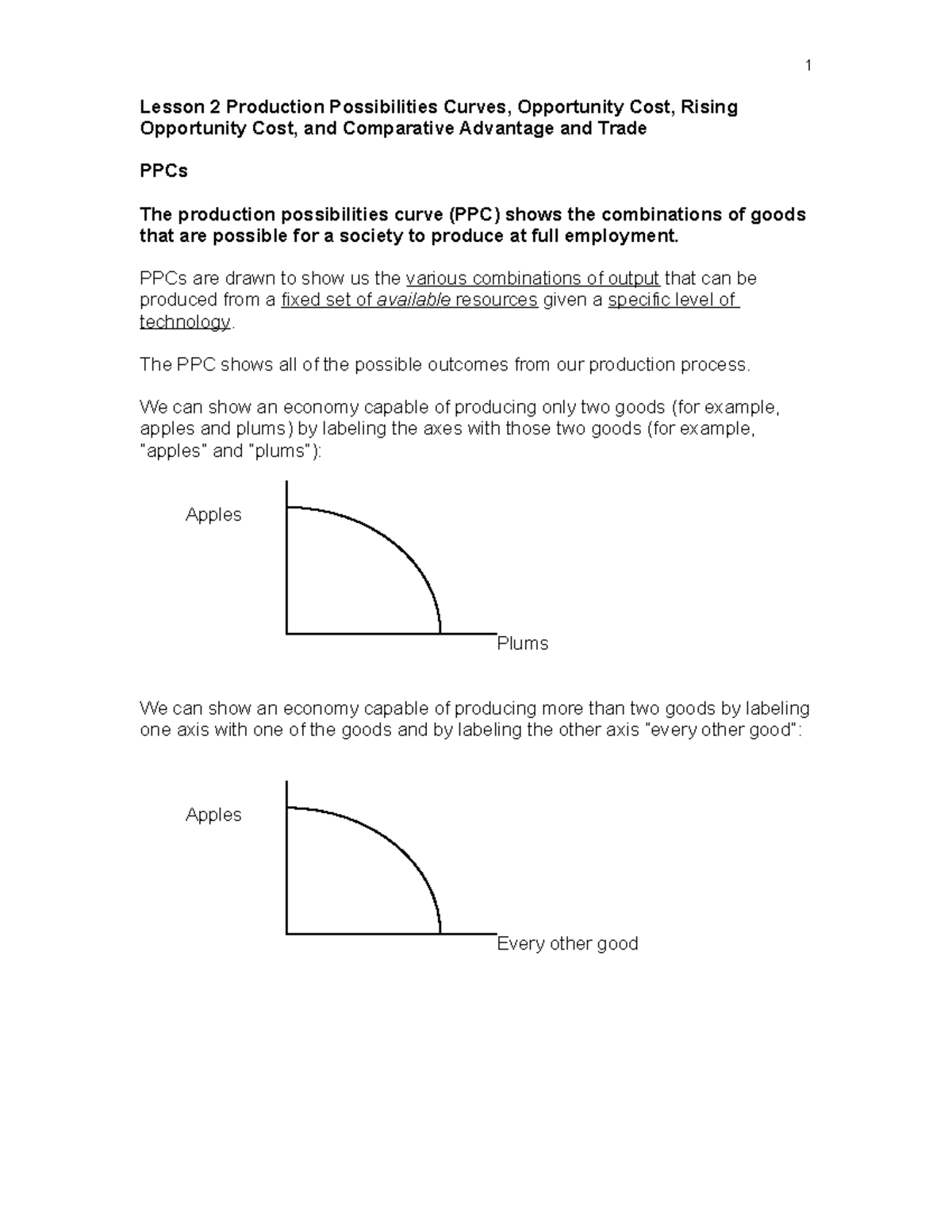 Lesson 2 - Lecture notes 2 - Lesson 2 Production Possibilities Curves ...
