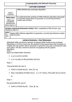 Fermat’s Theorem - , Cryptography and Network Security LECTURE SUMMARY Topics Covered Fermat’s ...