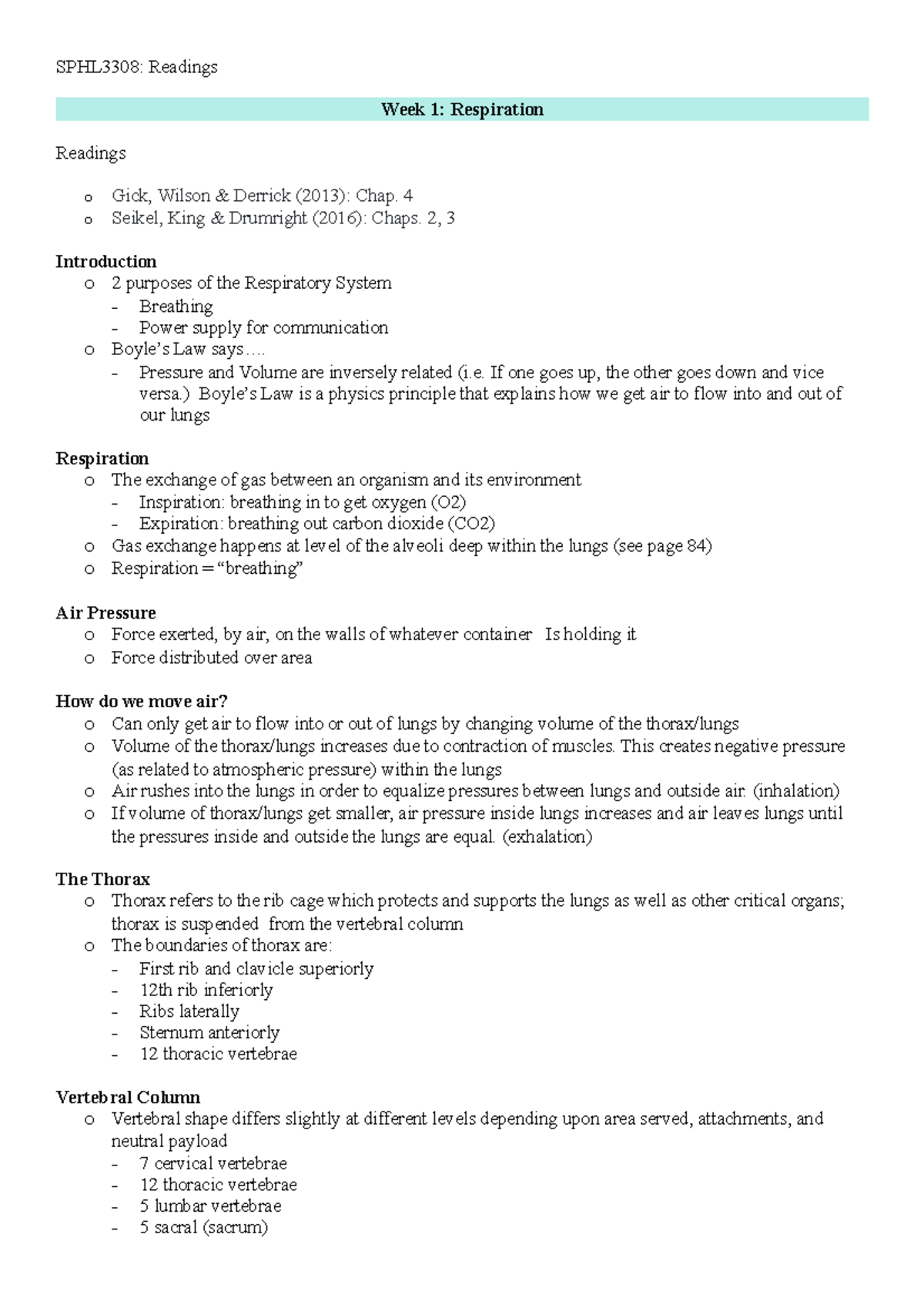 SPHL3308 Reading Notes Week 1 - SPHL3308: Readings Week 1: Respiration ...