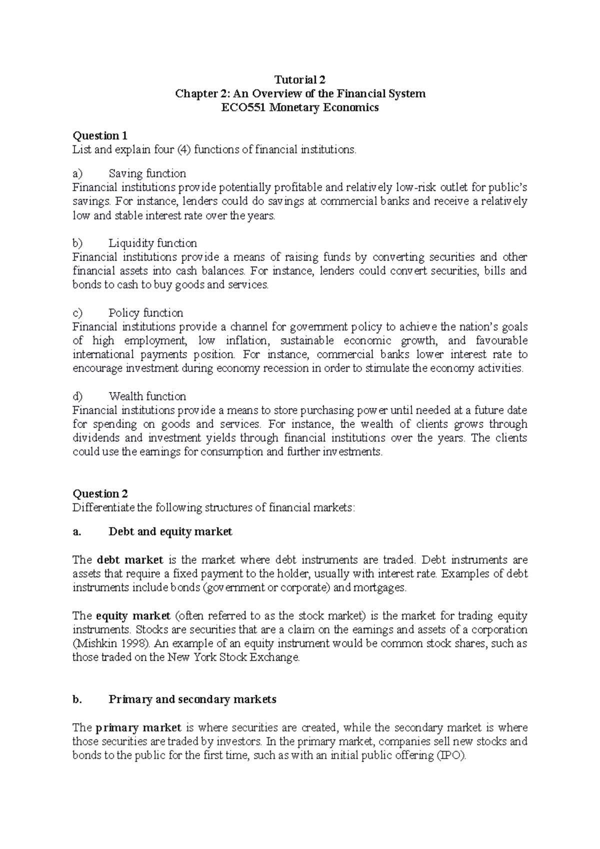 Tutorial 1 ECO531 answer scheme - Tutorial 2 Chapter 2: An Overview of ...