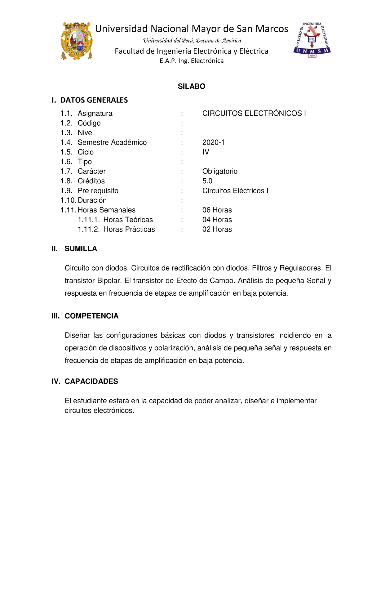 Syllabus Circuitos Electrónicos 1 - Warning: TT: undefined function: 22 Universidad del Perú ...