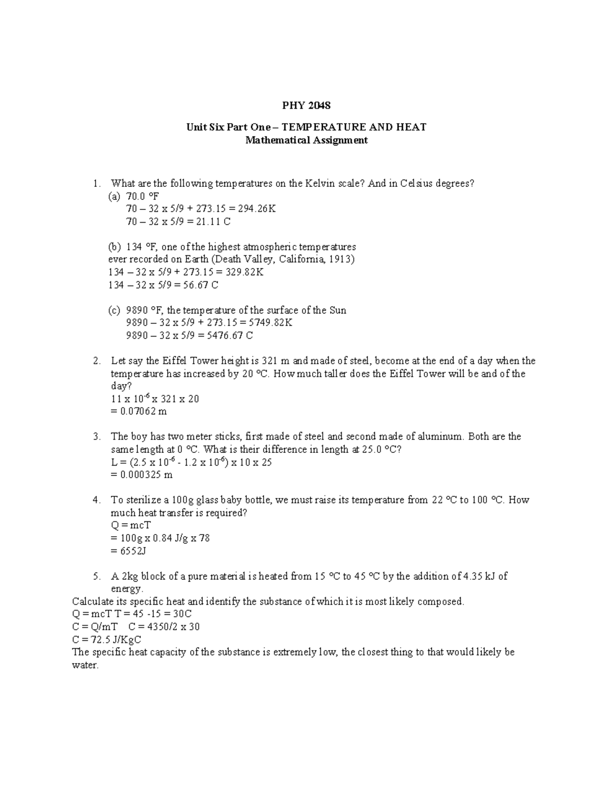 Unit 6 Part 1 assignment - PHY 2048 Unit Six Part One – TEMPERATURE AND ...