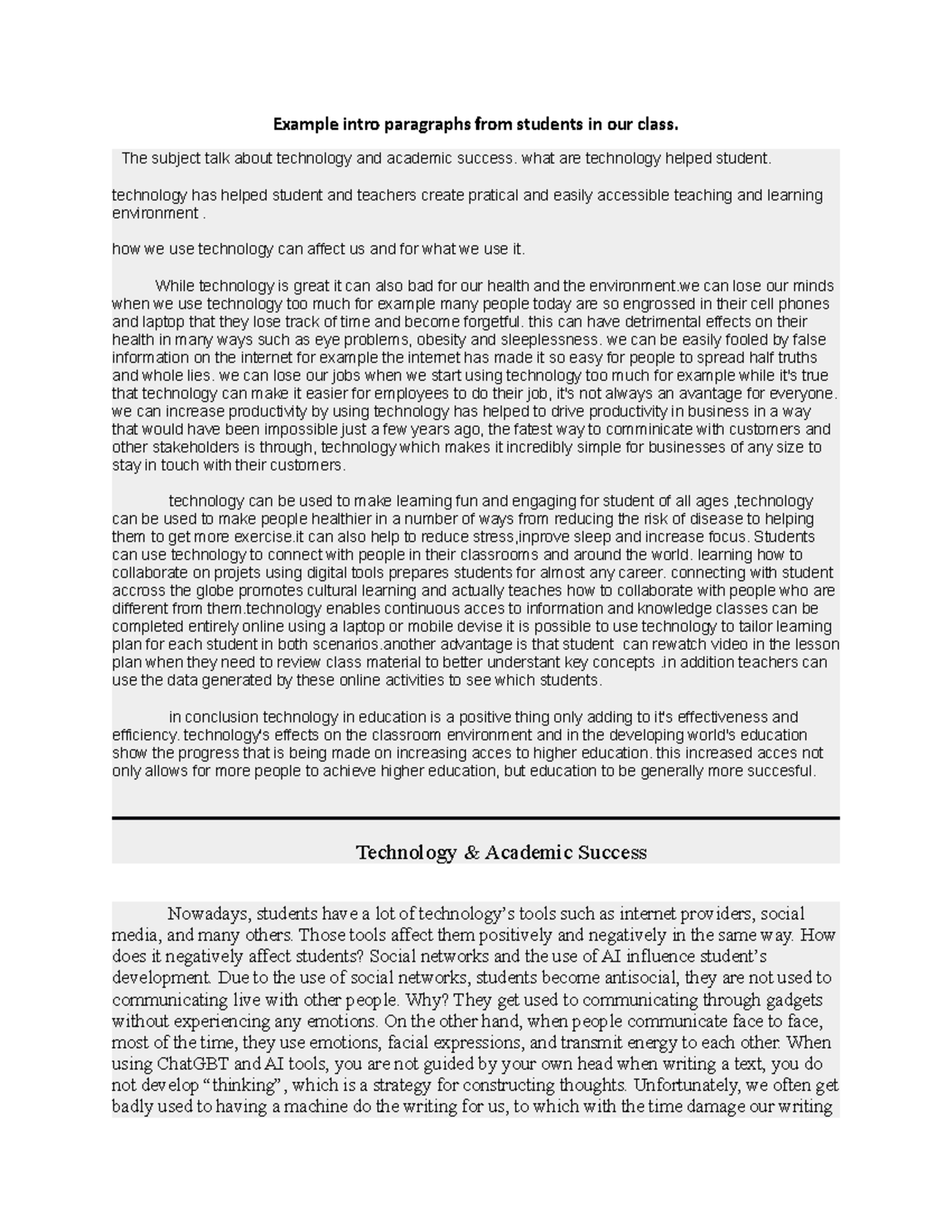 Example intro paragraphs from students in our class - The subject talk ...