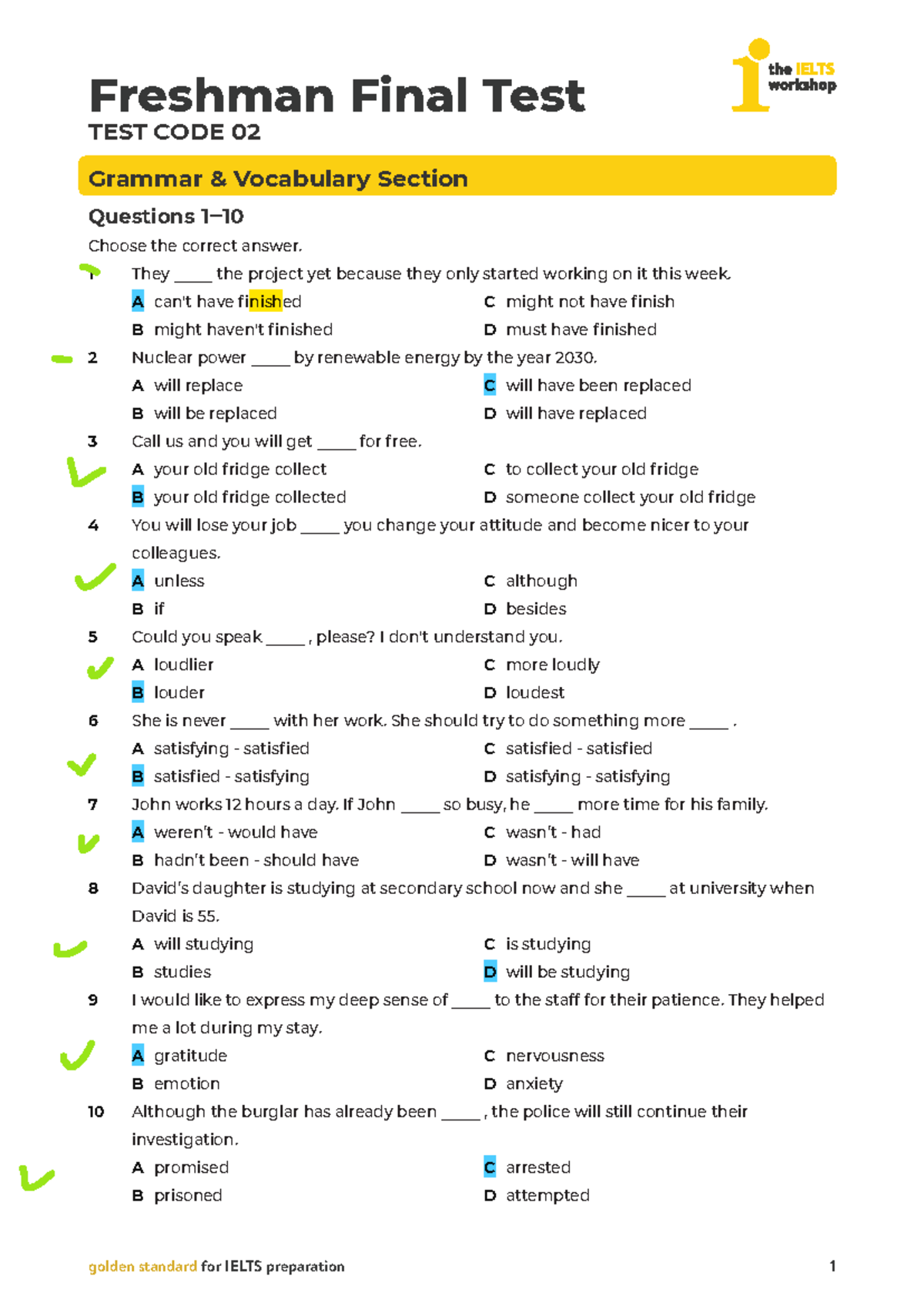 Freshman - Final Test 02 - 2022 2 - Questions 1‒ Choose the correct ...