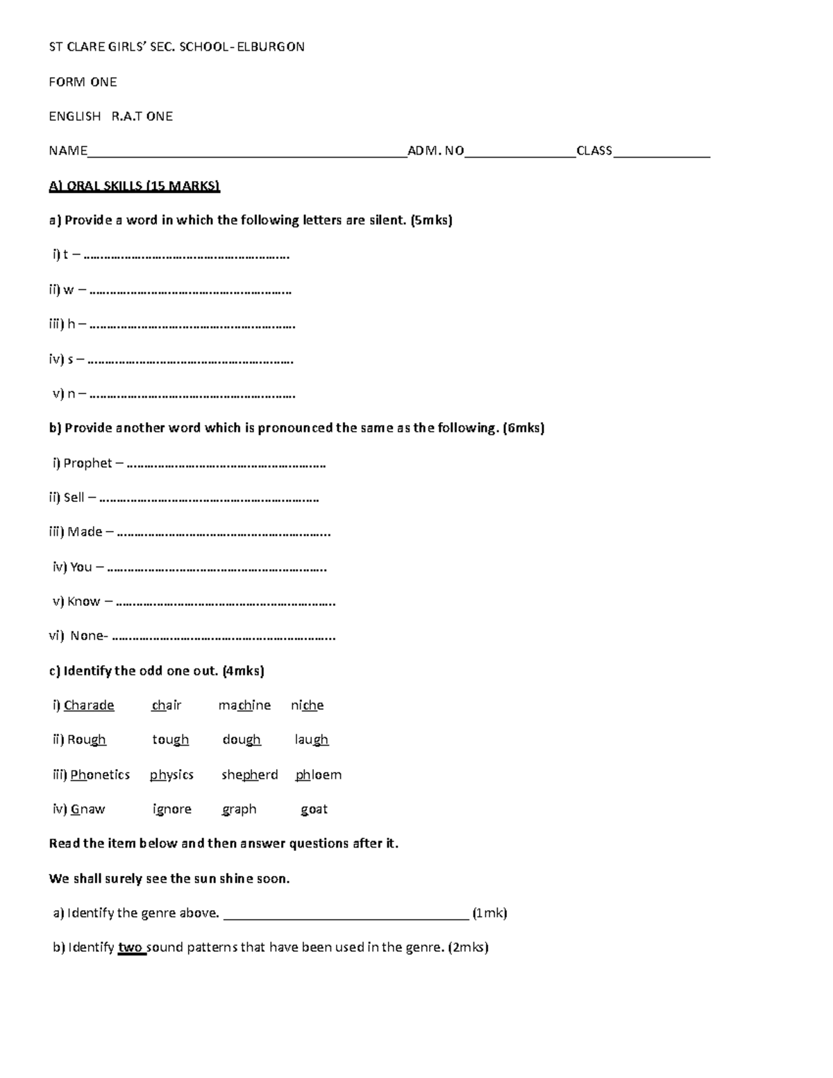 FORM ONE RAT 2023 Third TERM - ST CLARE GIRLS’ SEC. SCHOOL- ELBURGON ...