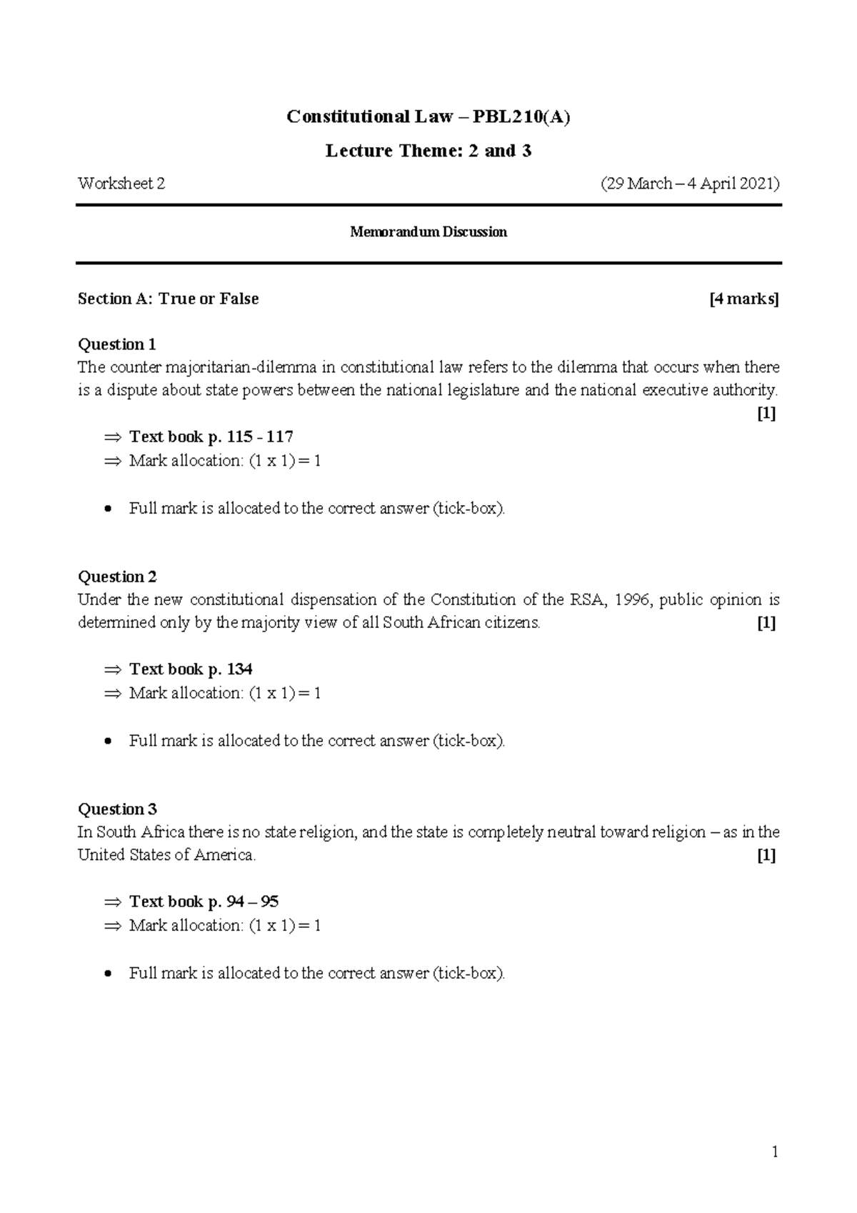 Worksheet 2 - Transparency - Constitutional Law – PBL210(A) Lecture ...