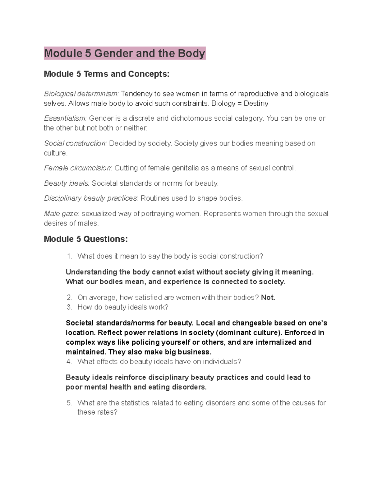 Soc 2102-Unit 2 Study Guide - Module 5 Gender and the Body Module 5 ...