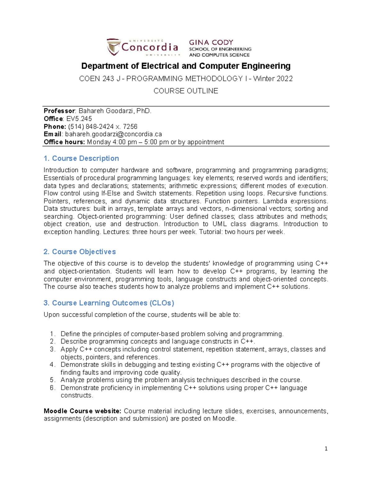 COEN243 Course Outline W22 - Department of Electrical and Computer Engineering COEN 243 J ...