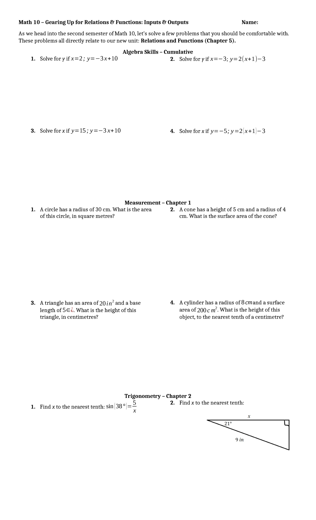 WS - Inputs and Outputs (Ch 1-4 Review) - Math 10 – Gearing Up for ...