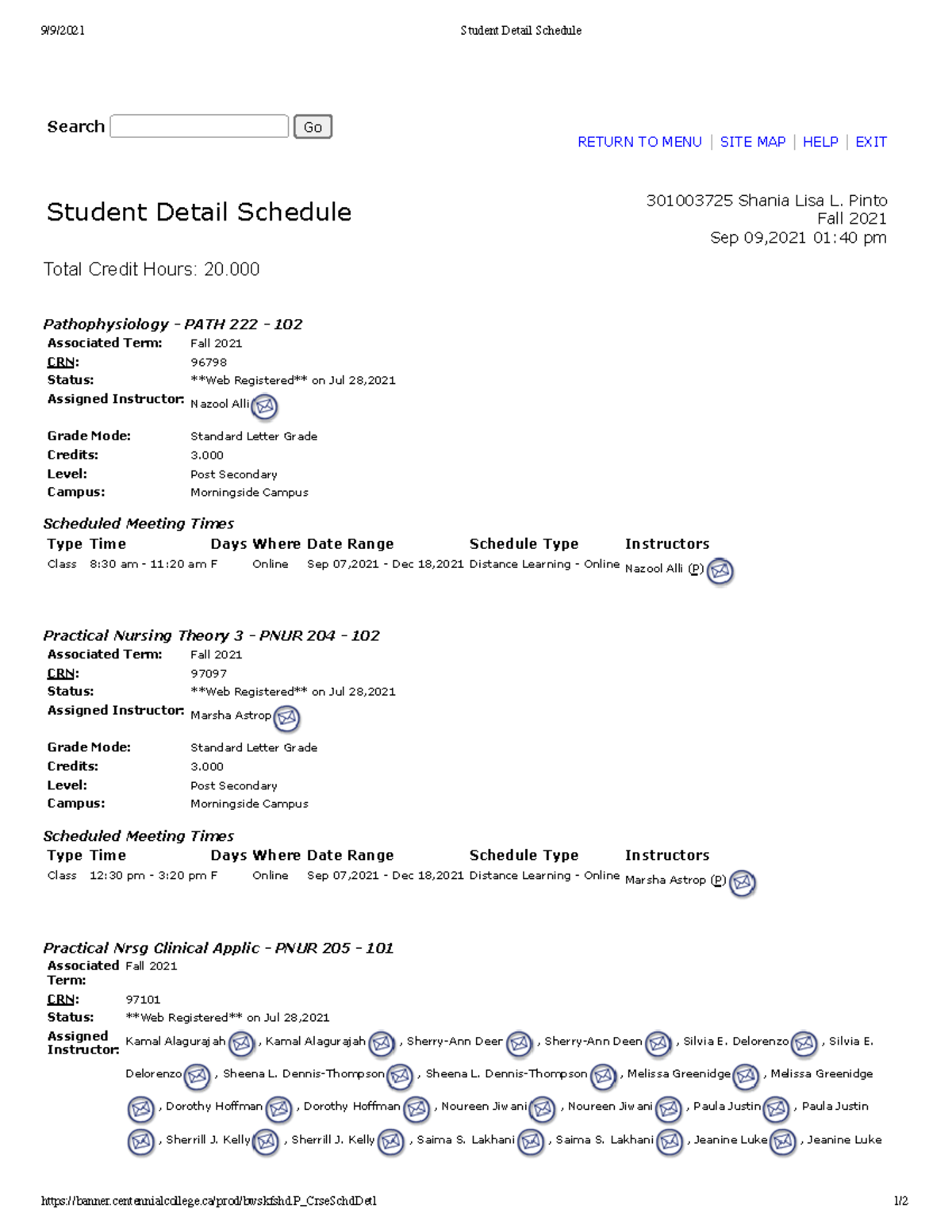 Student Detail Schedule for 2020 see - PNUR103 - Centennial College ...