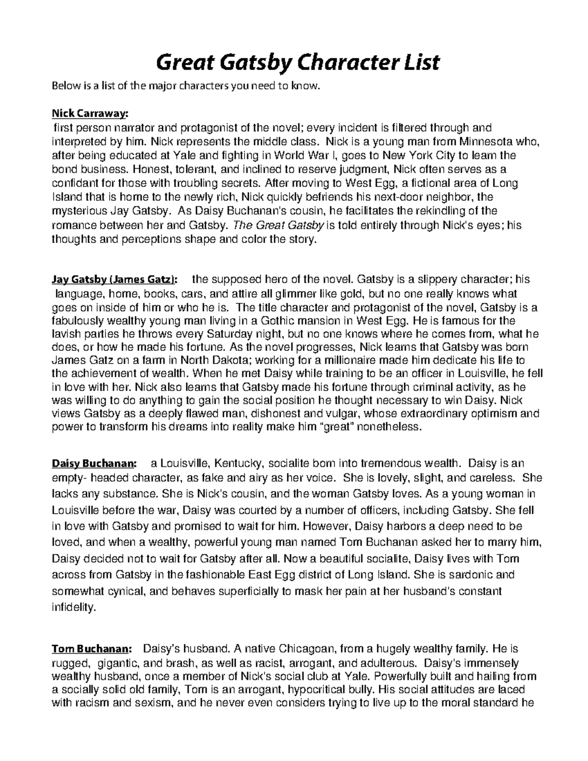 The Great Gatsby Character List - Great Gatsby Character List Below is ...