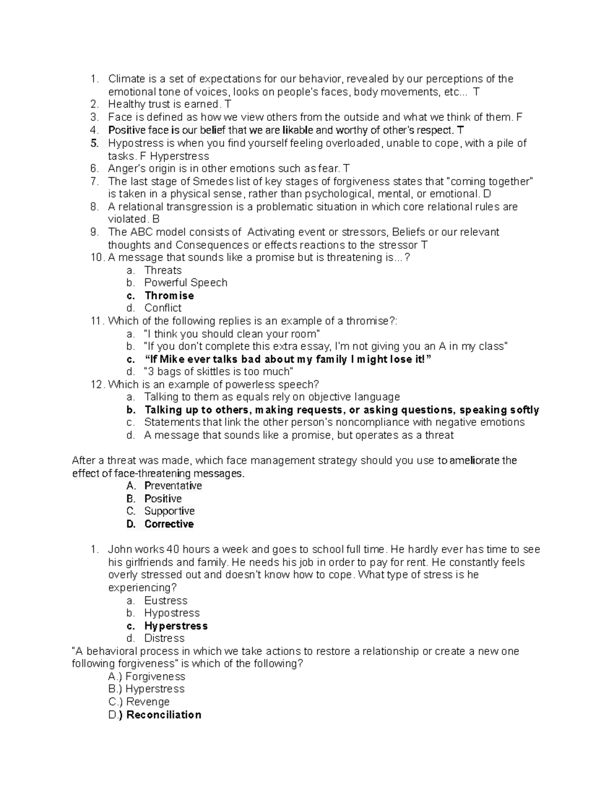 COM312 Exam 2 Study Guide - Climate is a set of expectations for our ...