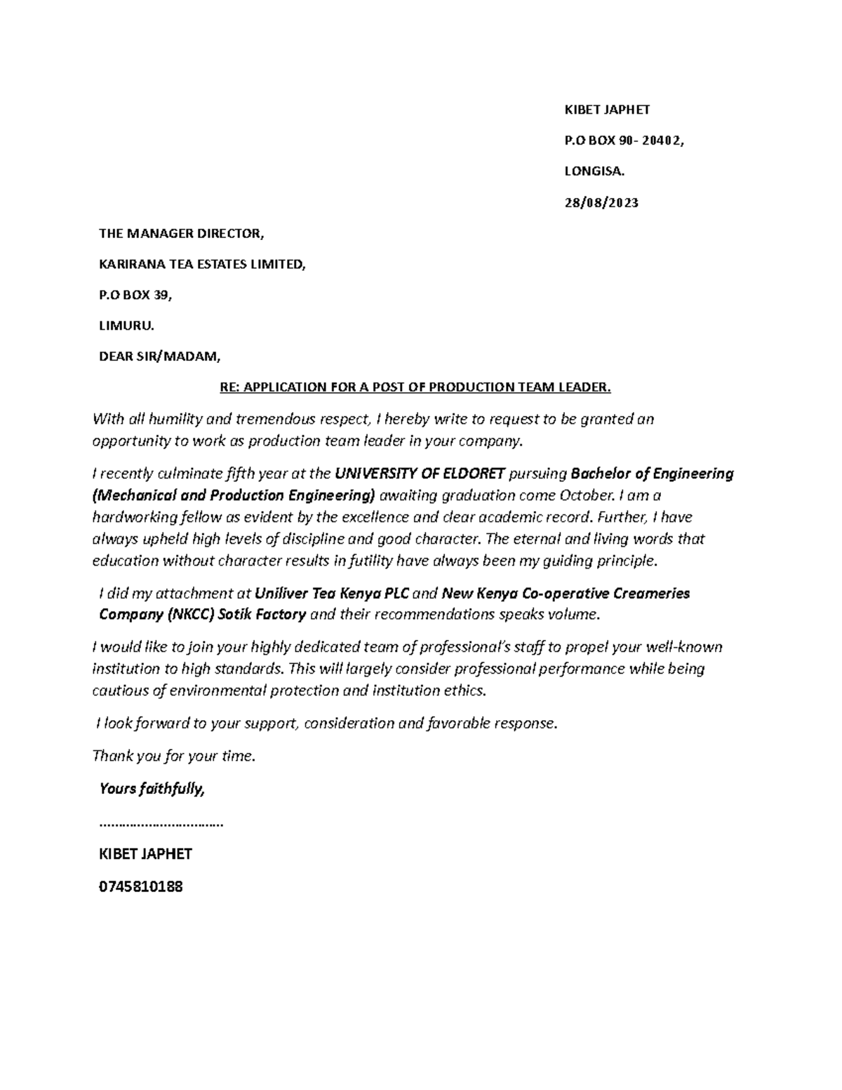 Karirana tea 011815 - for studies - KIBET JAPHET P BOX 90- 20402 ...