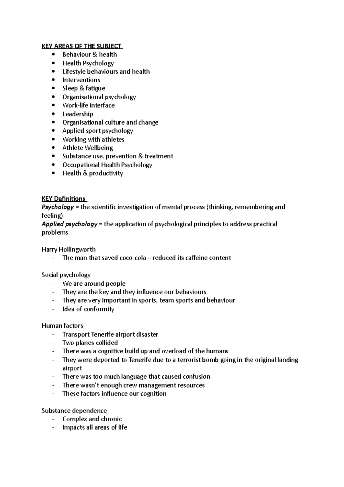 PSYC358 Study - KEY AREAS OF THE SUBJECT Behaviour & health Health ...