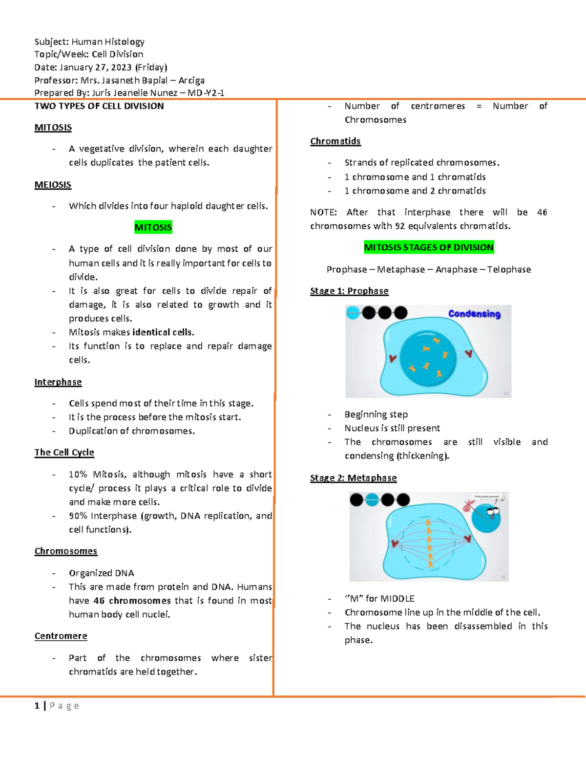 H HIS 221 WEEK-1-CELL- Division - Subject: Human Histology Topic/Week ...