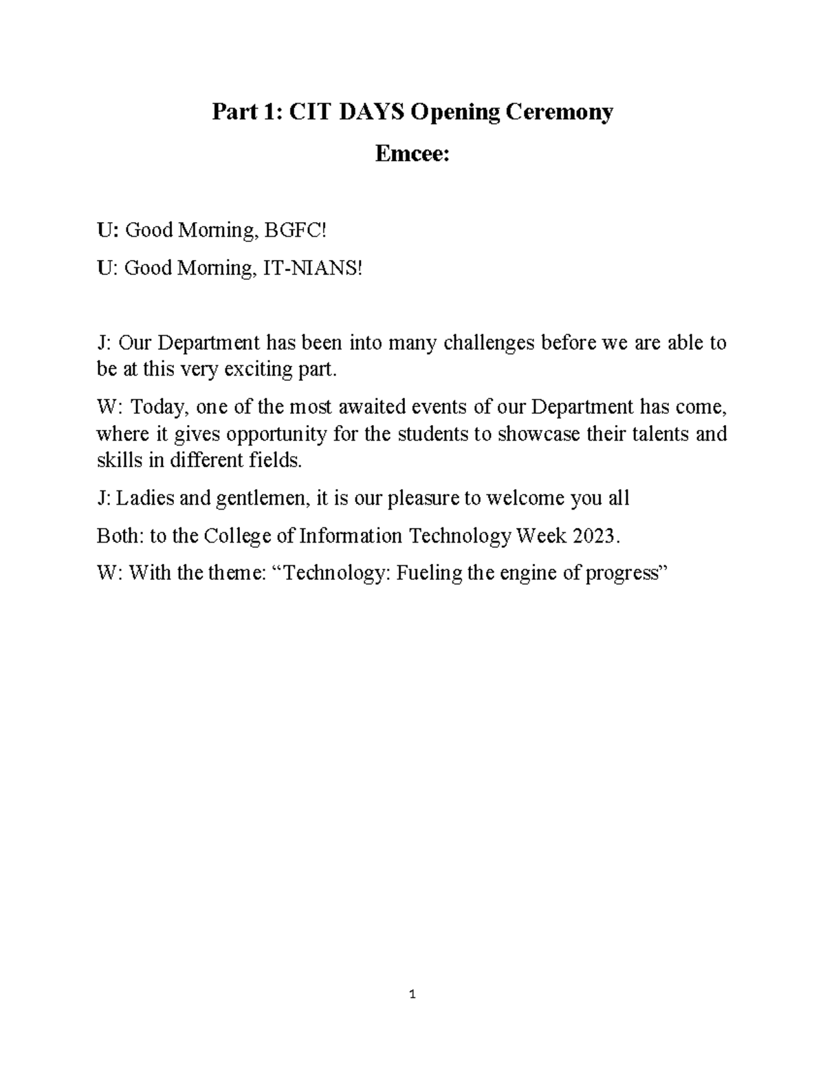 Emcee Script for 1st Day Morning - Part 1: CIT DAYS Opening Ceremony ...