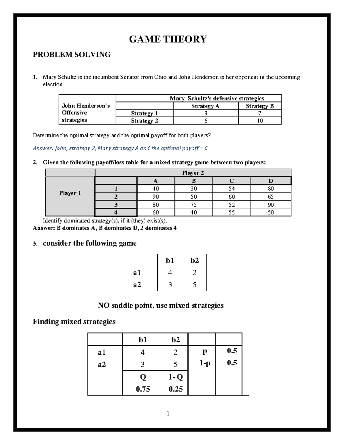 Game theory final revision - GAME THEORY PROBLEM SOLVING 1. Mary ...